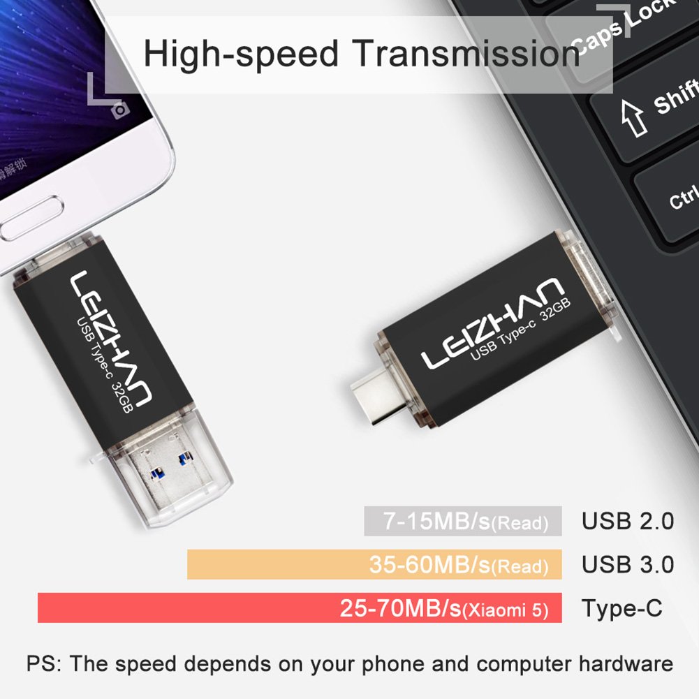 LEIZHAN USB C Flash Drive 32GB Type C Thumb Drive for Samsung Galaxy S10, S10e, S9, S8, S8 Plus, LG G5 G6, Google Pixel XL Data Storage Photo Stick USB 3.0 Type C Pendrive, Black
