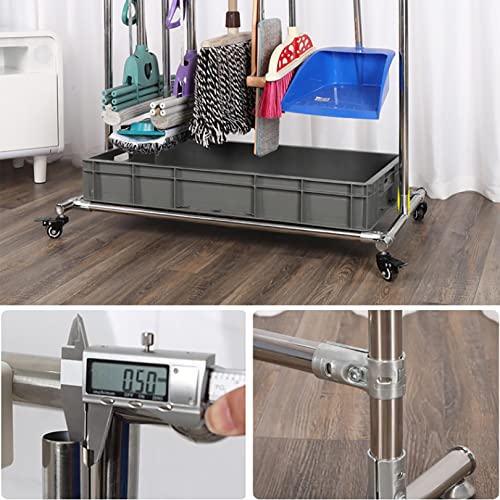 AUNEVN Movable Hand Trucks Mop Drain Rack Movable Closet Cabinet Floor-Mounted Mop Rack Tower Holder Long Tools Put Wet Mops Movable Floor Holder Stainless Steel Storage Rack/8Slots