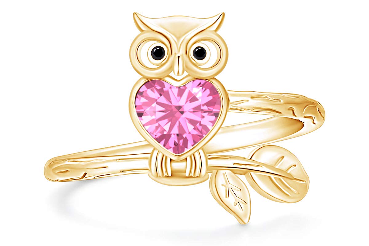 AFFY Heart Cut Simulated Tourmaline & Black Cubic Zirconia Night Owl Heart Promise Ring for Womens in 14k Yellow Gold Over Sterling Owl Lover Jewelry Ring Size-9