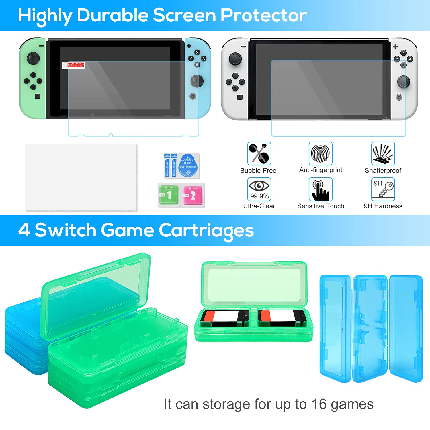 Accessories Bundle Compatible with Nintendo Switch & OLED Model 2021,13 in 1 Accessories kit with Carrying Case,Screen Protector,Game Storage Case,Silicone Case,Thumb Grip Cap Compatible with Joy-Con