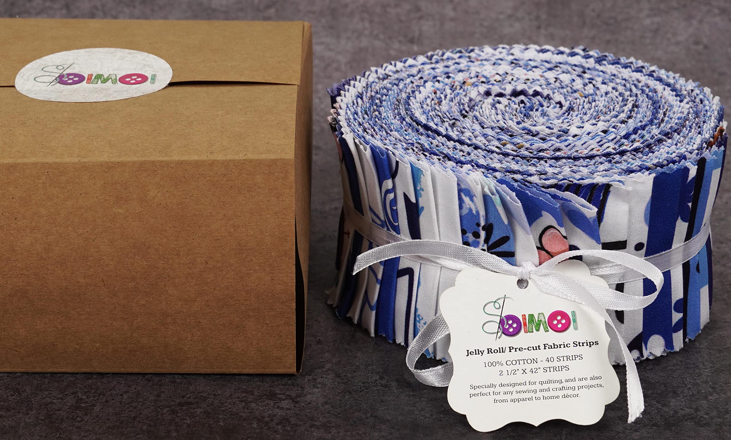 Soimoi 40Pcs Baby Boy Print Cotton Precut Fabrics for Quilting Craft Strips 2.5x42inches Jelly Roll - Medium Blue