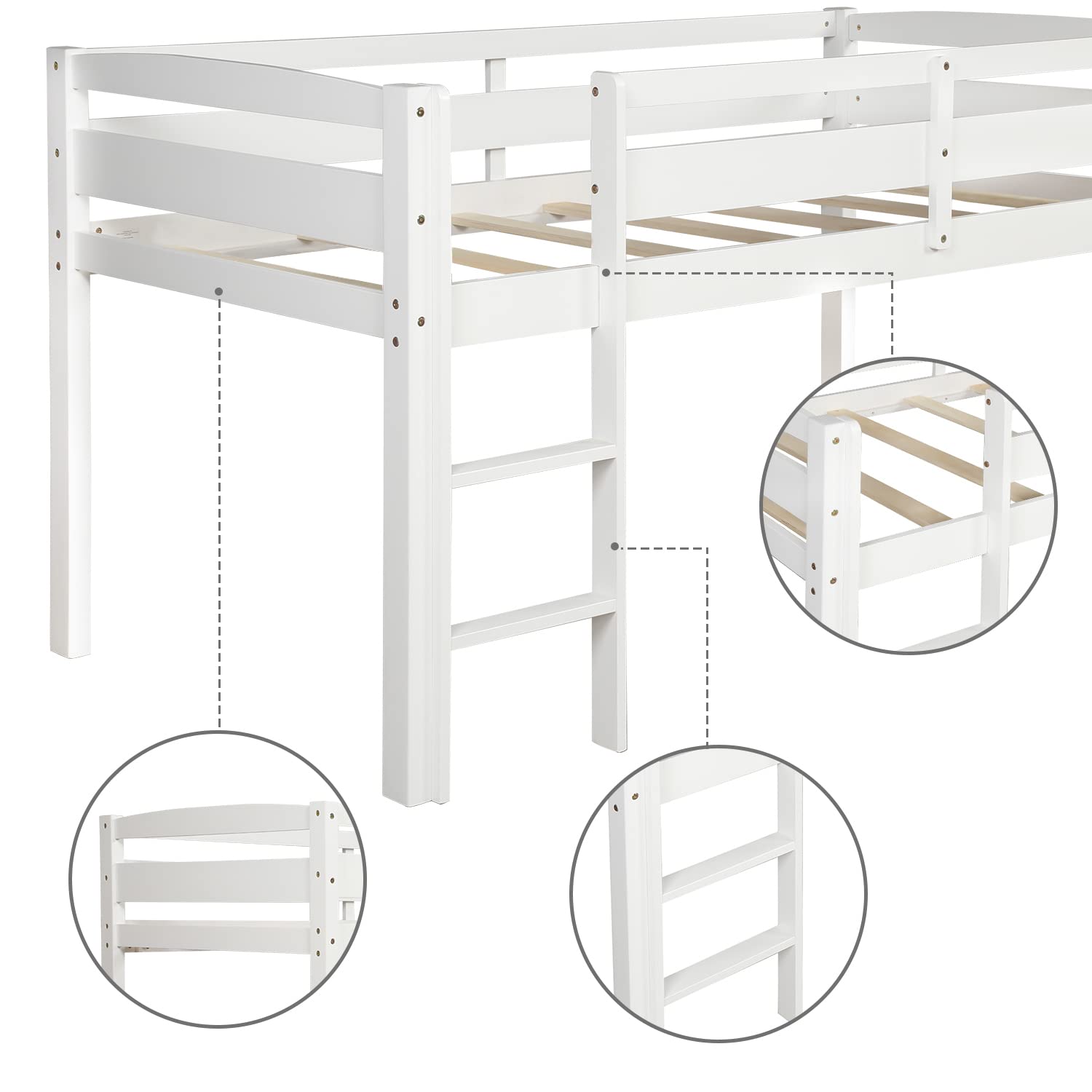Mirightone Low Kids Loft Bed, Junior Twin Loft Bed with Ladder,Wood Loft Bed Twin for Toddler Children Bedroom,No Box Spring Needed,White