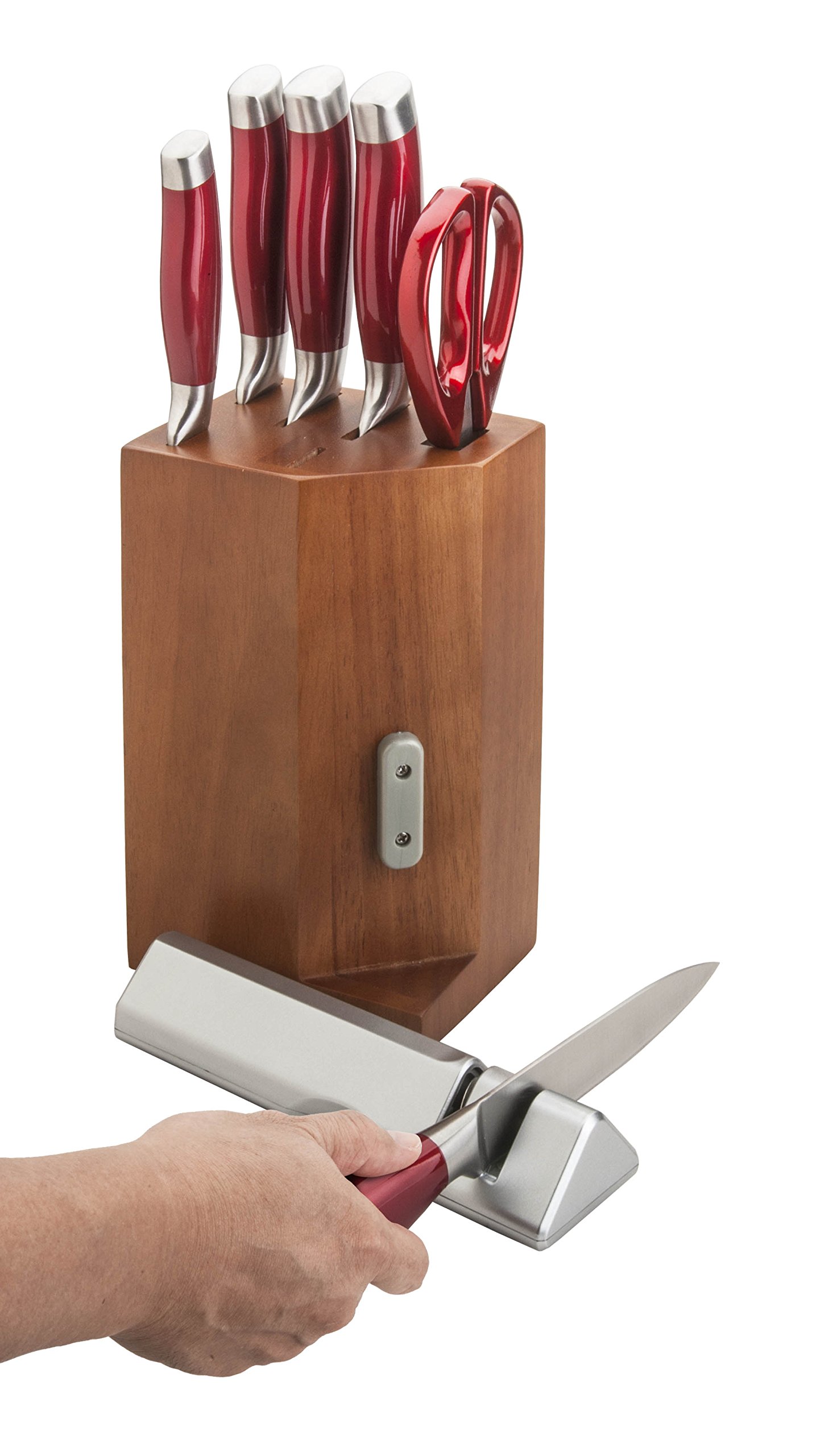 New England Cutlery 7- Piece Knife Block Set with Sharpener - Red