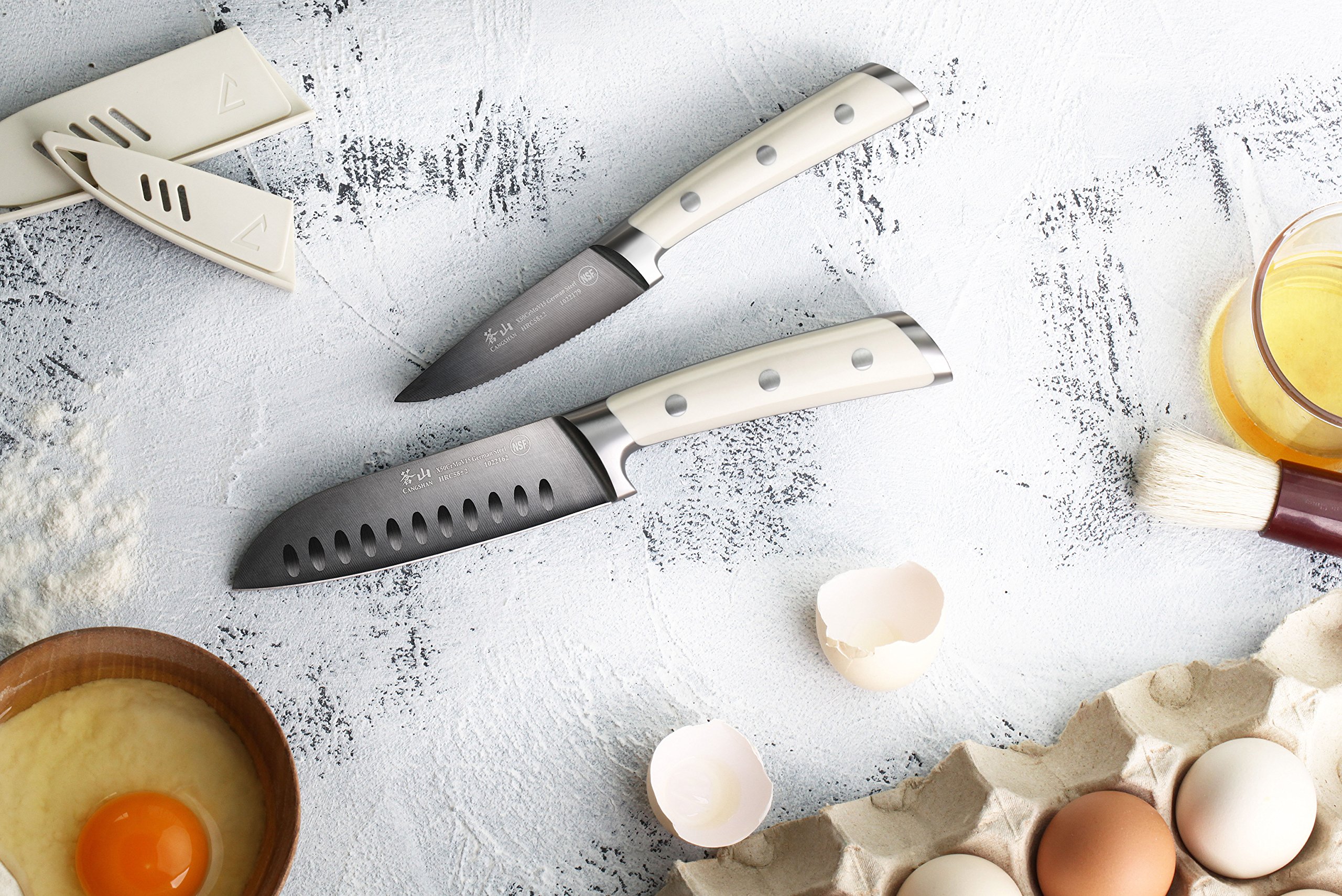 Cangshan S+ Series 1022100 German Steel Forged 2-Piece Titanium Coated Santoku Starter Knife Set with Sheaths, Vanilla White