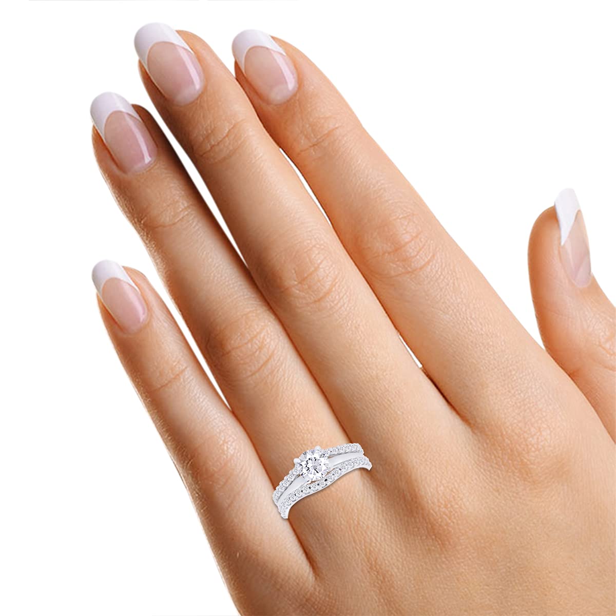 AFFY Round White Cubic Zirconia Enhancer Guard Ring In 14K White Gold Over Sterling Silver Jewelry For Women (1.00 Cttw) Ring Size-9.5