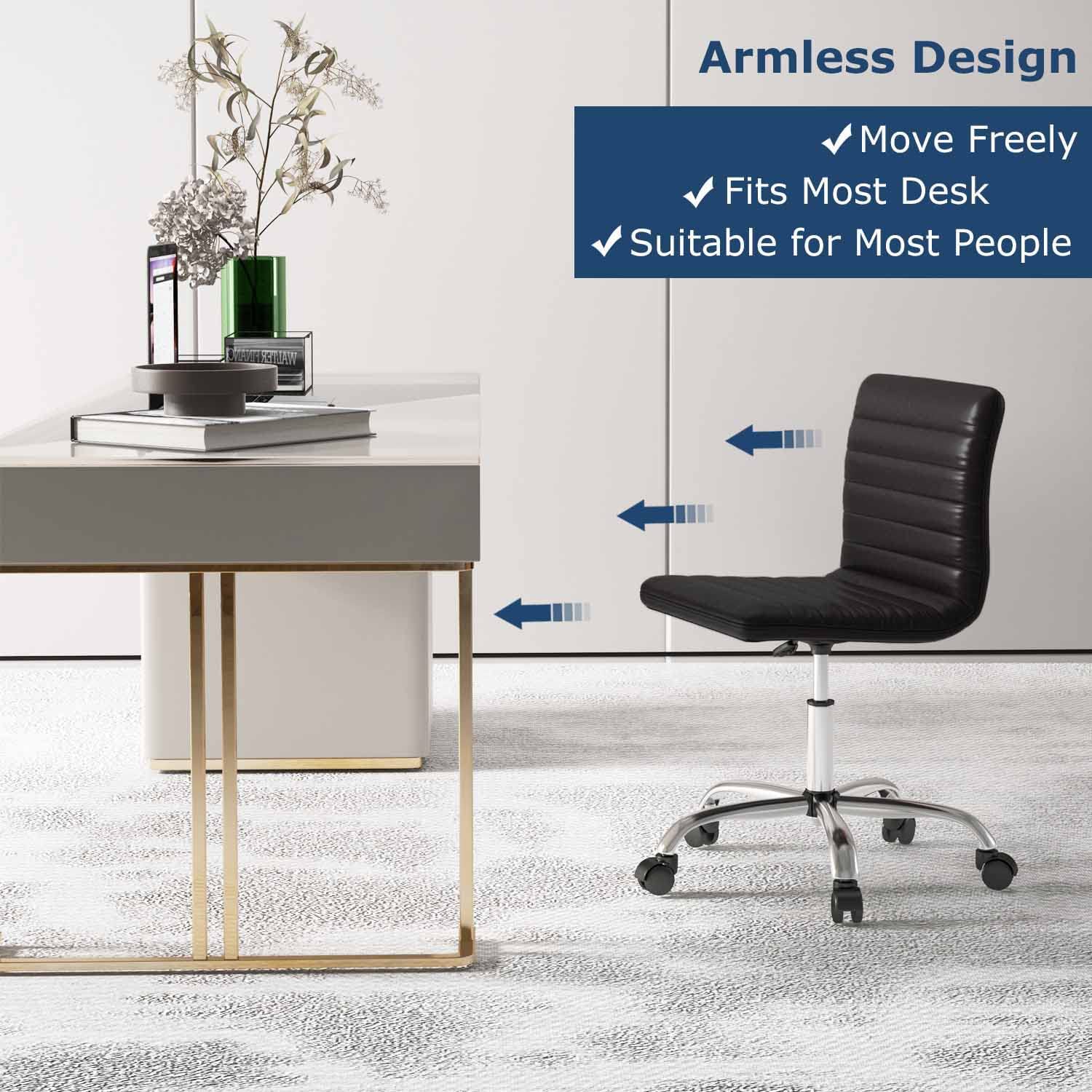 MCQ Armless Ribbed Home Desk Wheels, Faux Leather Office Adjustable Task, Mid Back Swivel Computer Chair, Jet Black