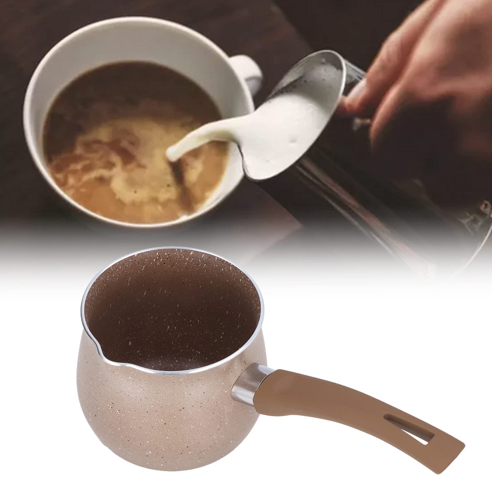 Lightweight Nonstick Milk Pan, 10cm Mini Milk Coffee Pot Sauce Pan for Coffee Butter Chocolate Heating, Tea Sets Teapots and Coffee Servers(Brown)