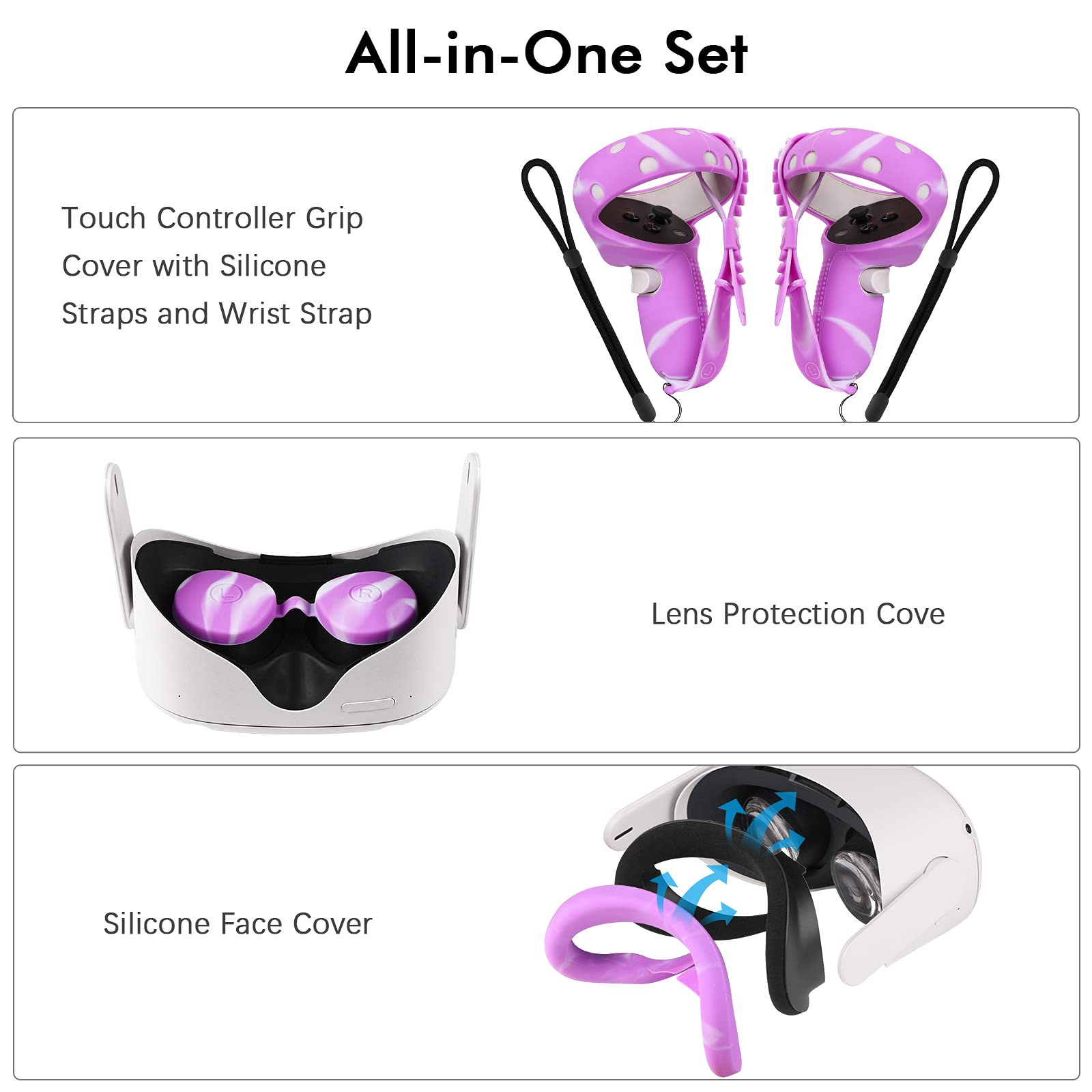 Accessories for Oculus Quest 2, with VR Face Cover,Touch Controller Grip Cover and VR Lens Protective Cover, Made of Premium Silicone Material,VR Headset Accessories Sweatproof and Comfort(Pink)