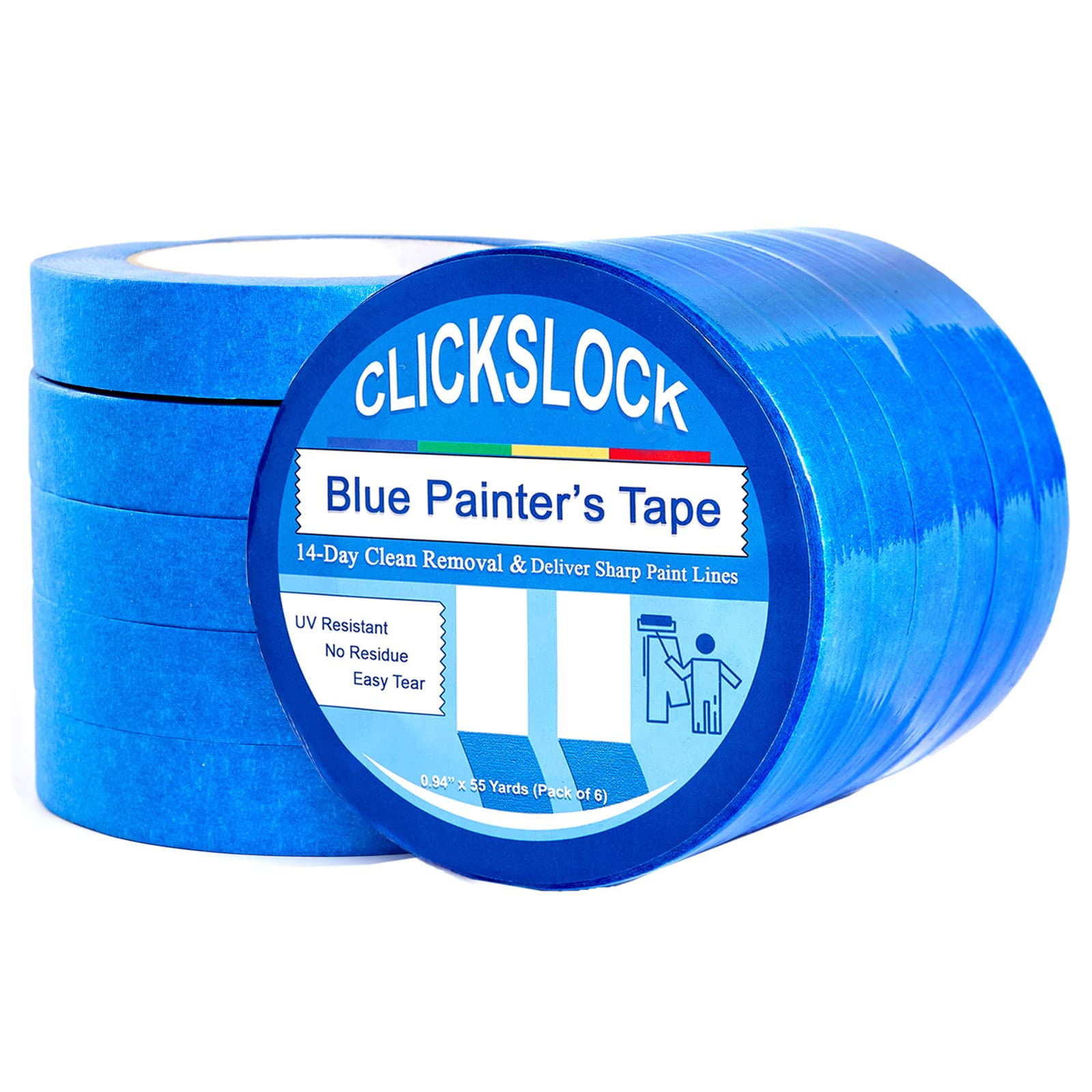Clickslock Blue Painters Tape,3 Rolls 1.88"Ă55 Yards (165 Yards Total), Blue Painters Masking Tape Bulk, Residue Free Multi-Surface Painting Tape