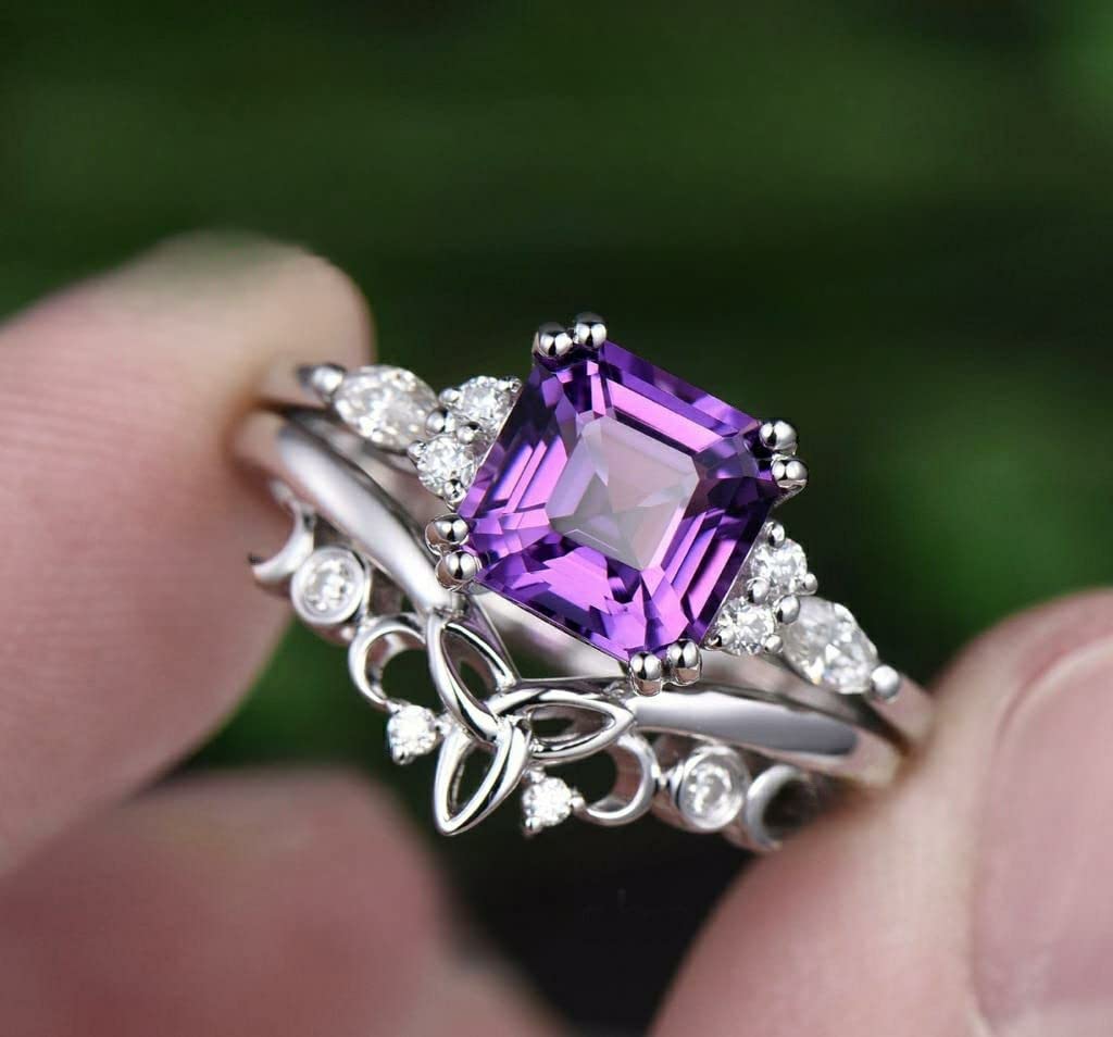 Asscher cut natural purple Amethyst engagement ring set solid 14k white gold PLATED SILVER art deco unique diamond wedding bridal ring set women jewelry (WHITE GOLD, 11)