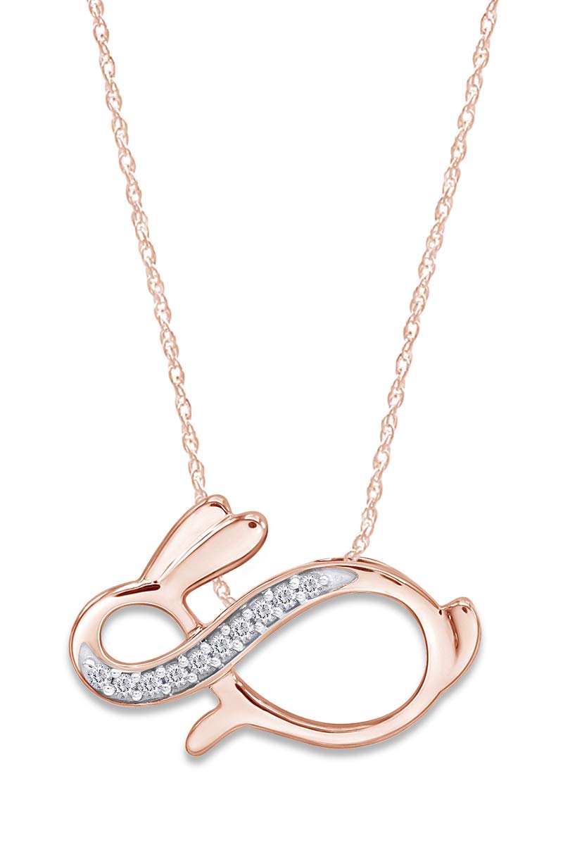 AFFY White Natural Diamond Easter Bunny Infinity Pendant Necklace in 14k Rose Gold Over Sterling Silver (0.1 Ct)