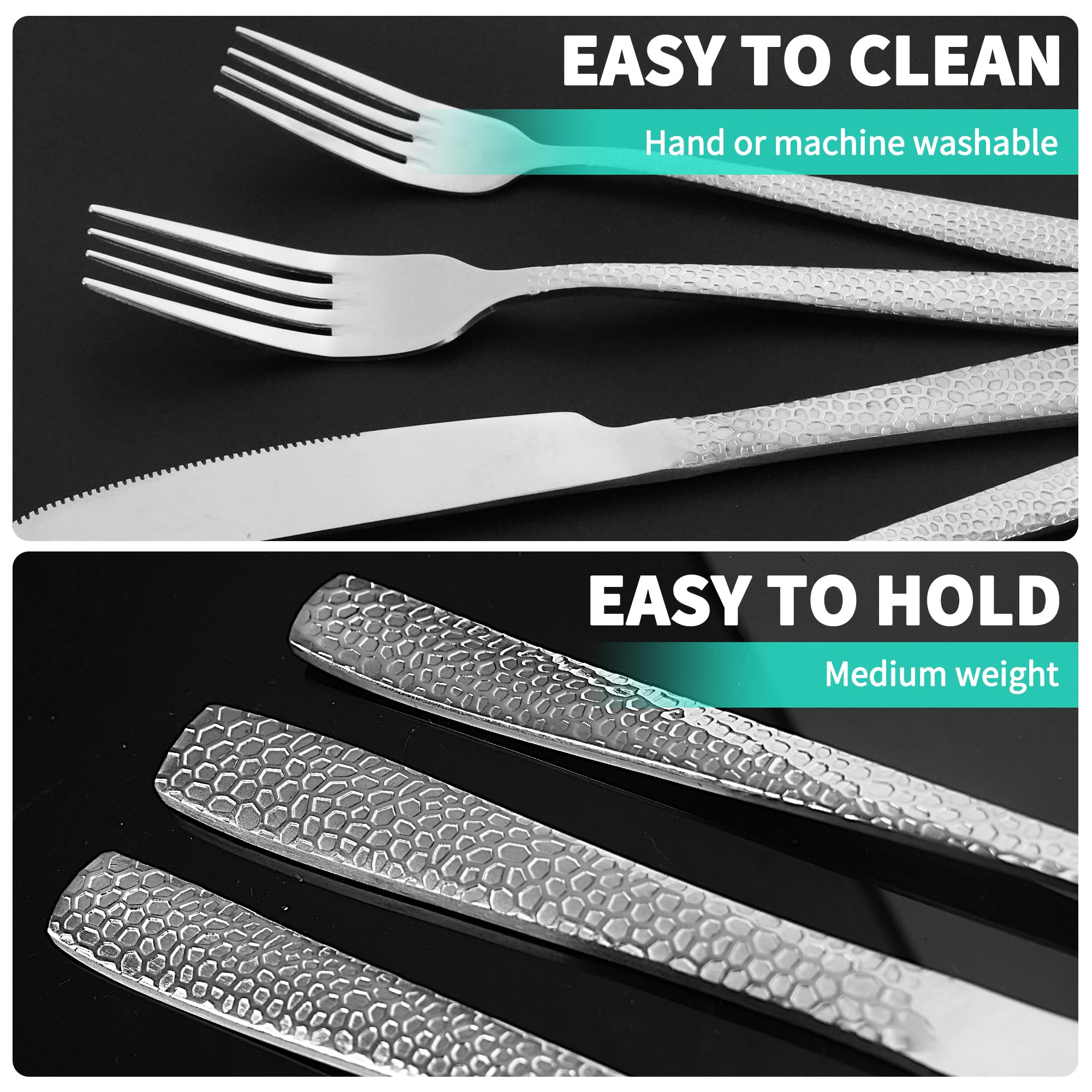 LAIWOO 40 Piece Silverware Set Service for 8, Premium Stainless Steel Hammered Flatware Cutlery Set Forks Spoons and Knives Utensil Sets for Home, Restaurant, Hotel, Mirror Polishe & Dishwasher Safe