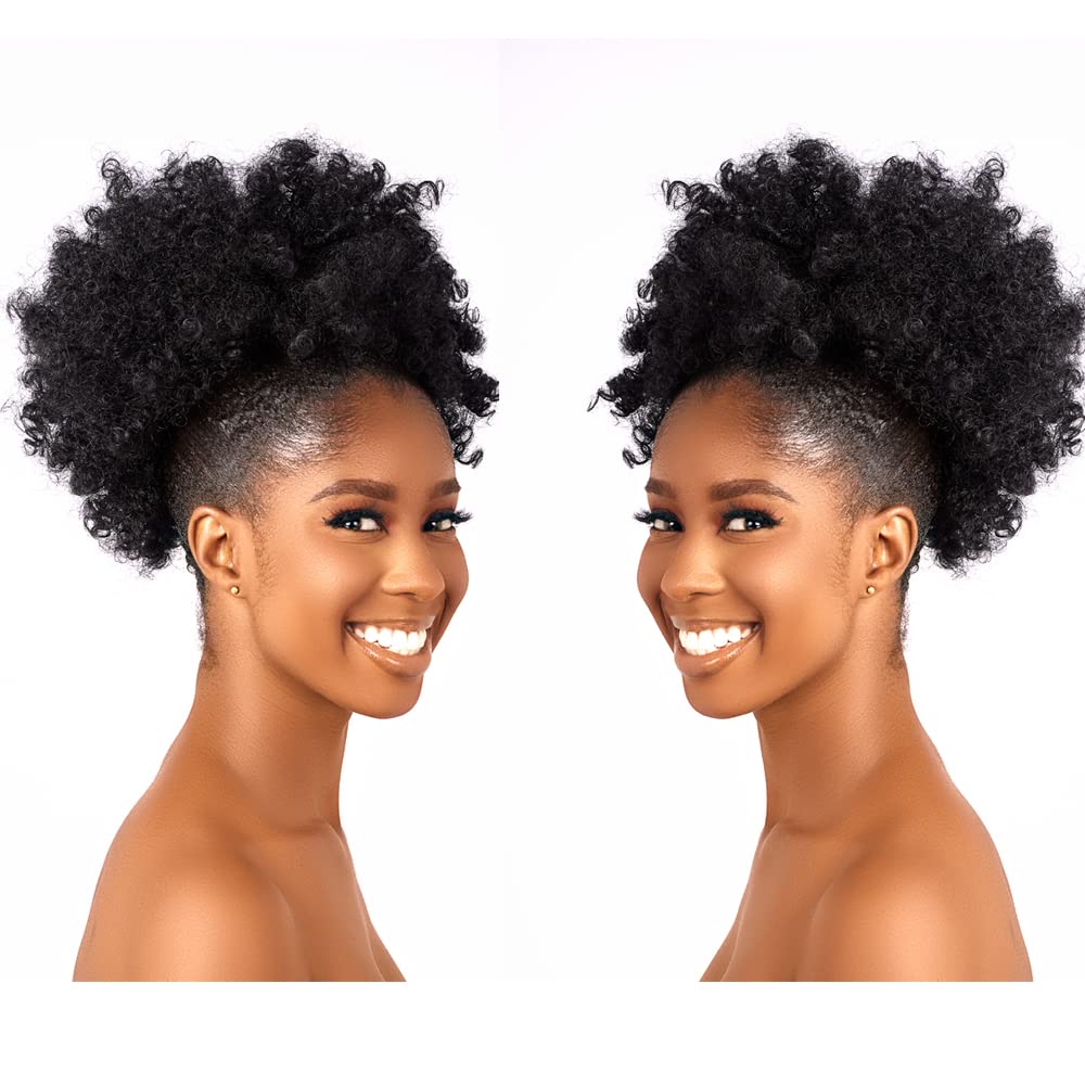 CECINILL Afro Puff kinky curly Drawstring Ponytail Extension for Women Synthetic Short Afro Kinkys Curly Afro Bun Extension Hairpieces Updo Hair Extensions with Two Clips(1B)