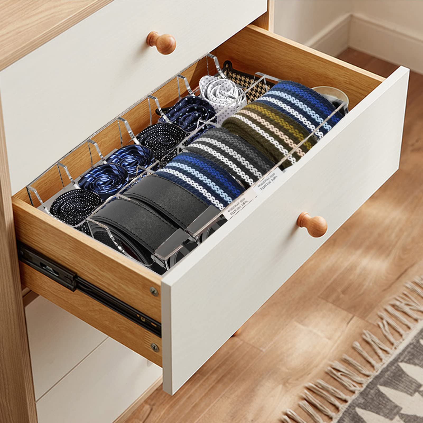 Hlimior Belt Organizer, Acrylic 12 Compartments Belt Container Storage Holder, Acrylic Belt Display Storage Box, Clear Belt Display Case for Closet Tie and Bow Watch Jewelry Bracelets Ring Cosmetic…