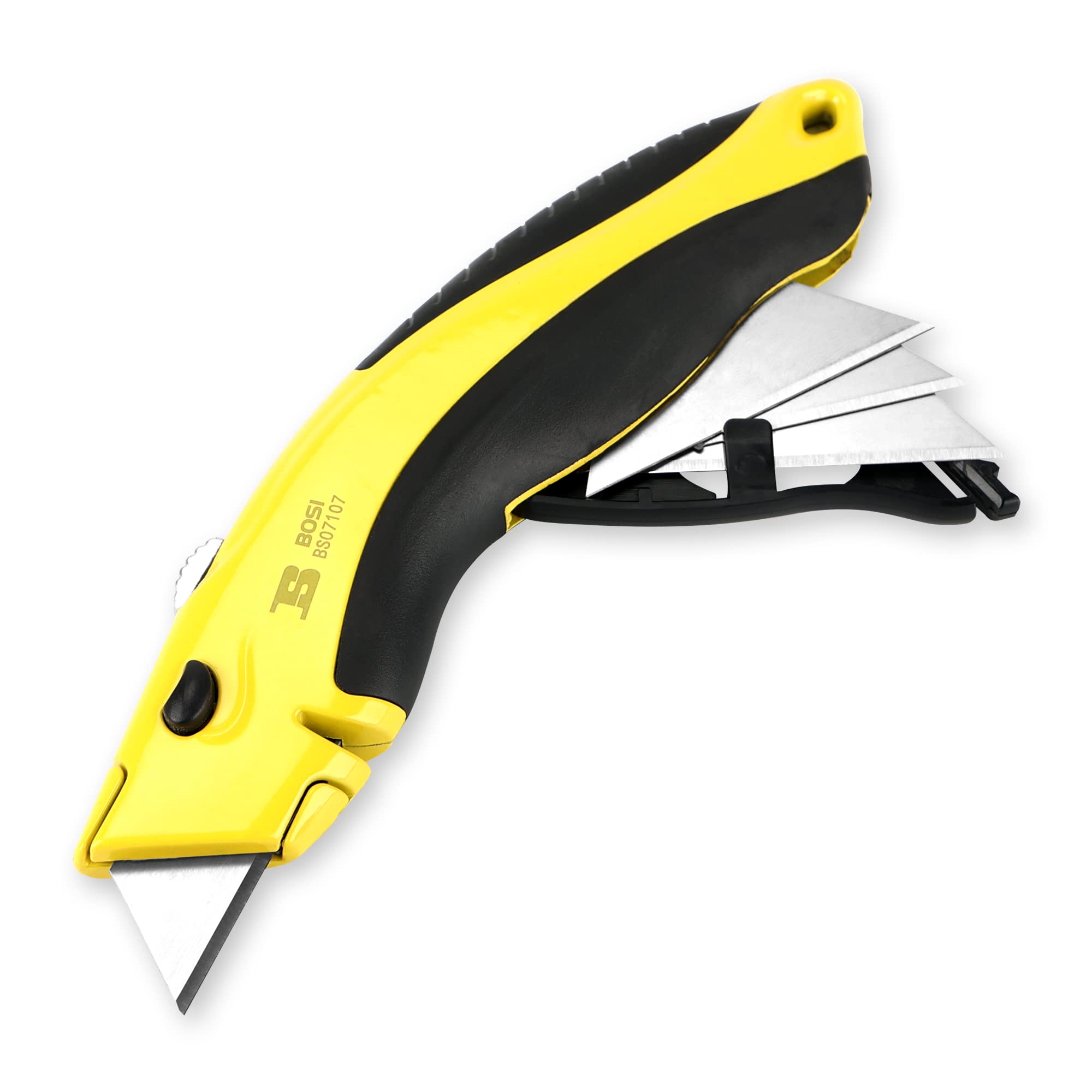BOSI TOOLS Heavy Duty Utility Knife Retractable Box Cutter SK5 Stainless Steel Blade Quik Change Blade Storage Design 3 Spare Blades
