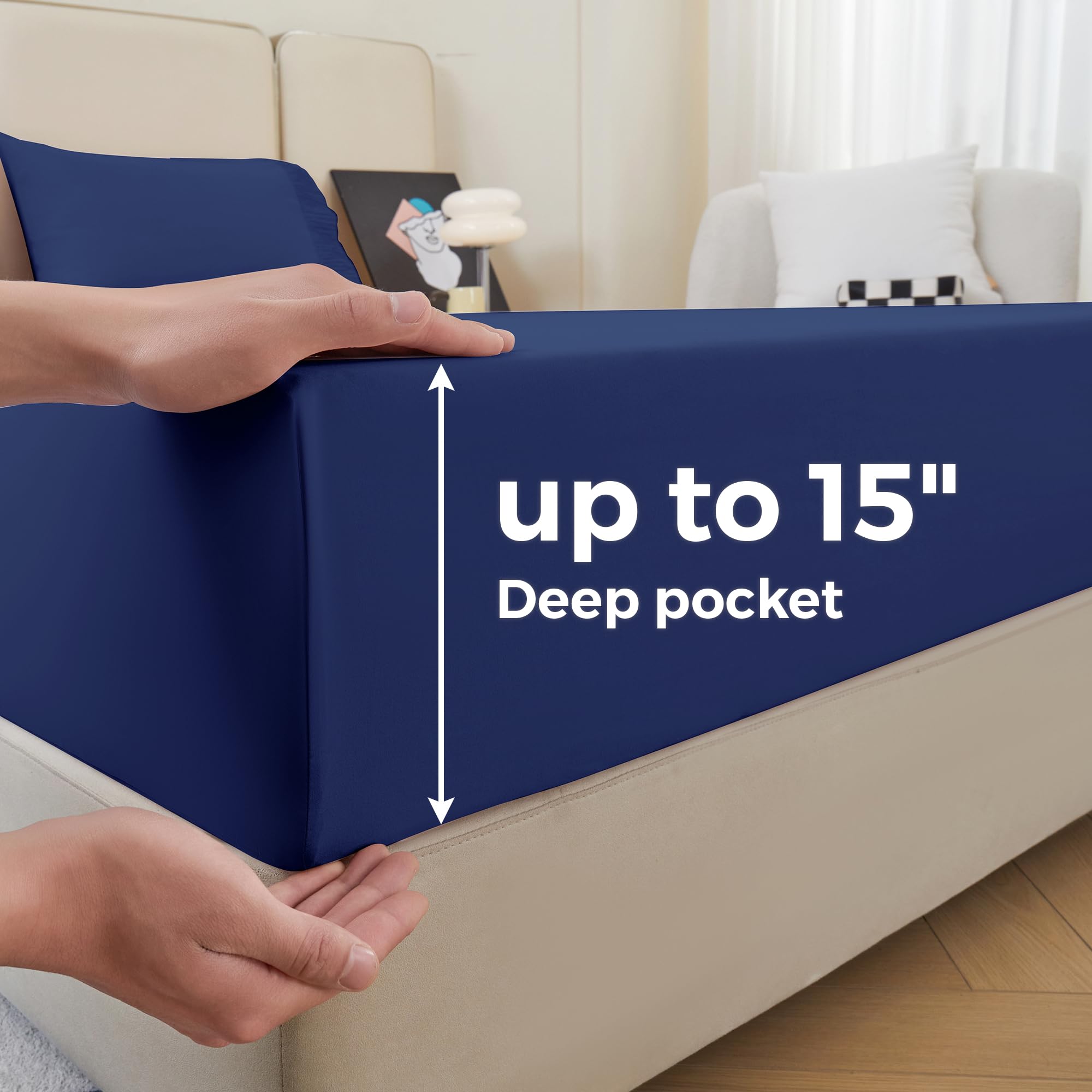Bedmoon Twin Sheets, Soft Microfiber Cooling Sheets with Corner Straps, Navy Blue Bed Sheet Set with Non-Slip Fitted Sheet