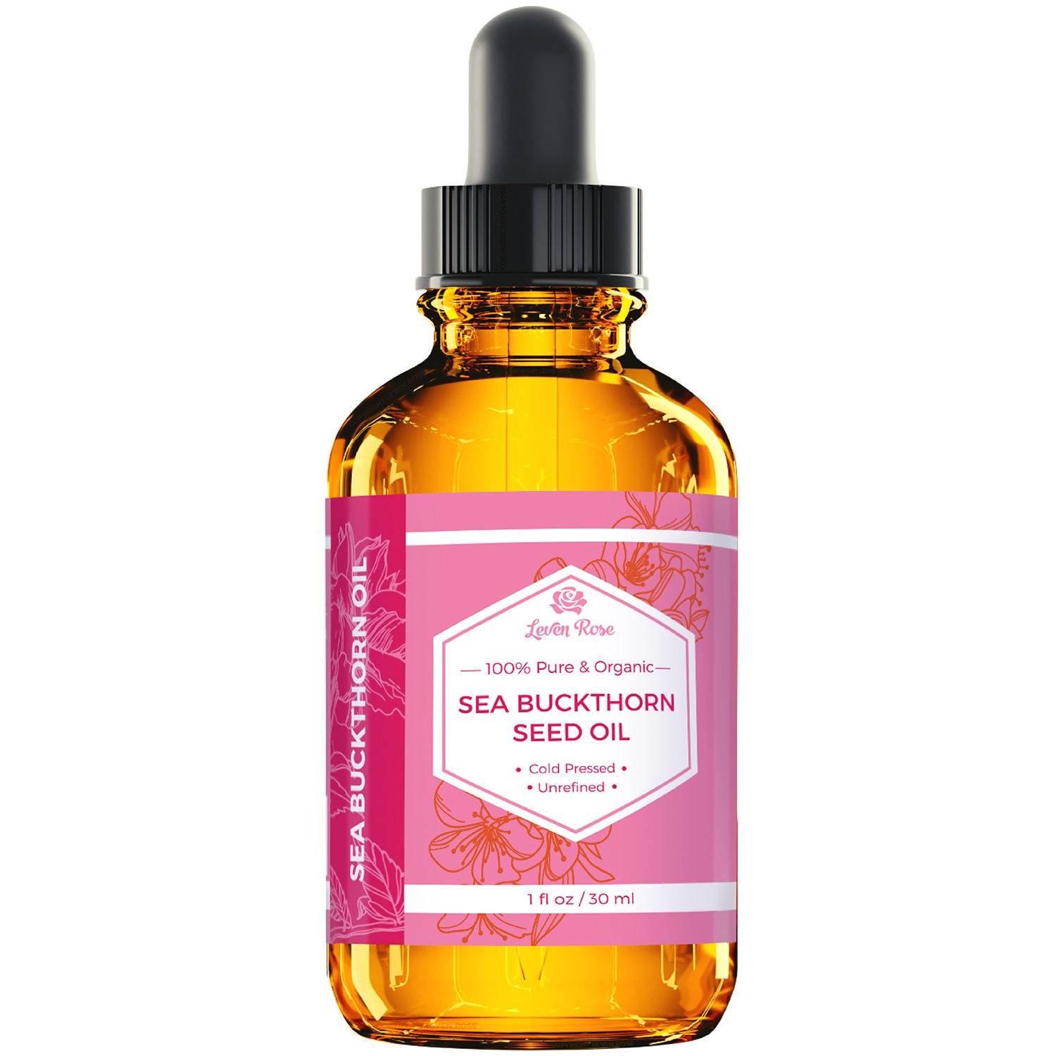 Leven Rose Sea Buckthorn Seed Oil, 100% Pure Unrefined Cold Pressed Anti Aging Acne Treatment for Hair Skin and Nails (1 oz)