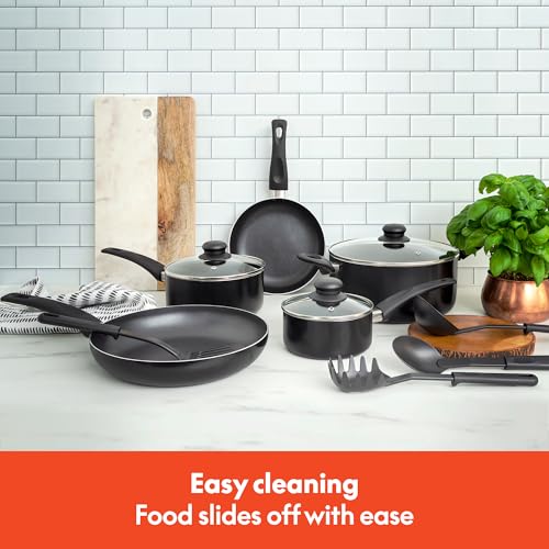 bella Cookware Set, 12 Piece Pots and Pans with Utensils, Nonstick PFOA Free Scratch Resistant Cooking Surface Compatible with All Stoves, Nylon and Aluminum, Black