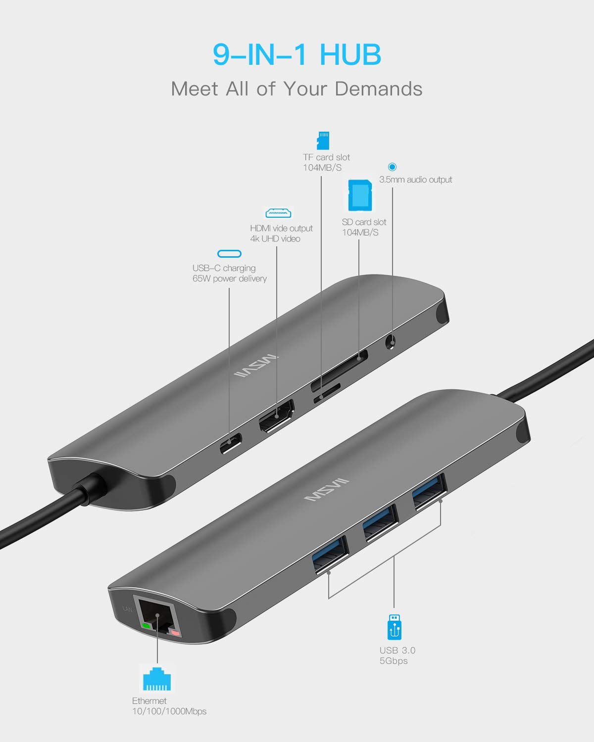 MSVII USB C Hub, 9 in 1 USB Type C Adapter with Ethernet, 4K USB C to HDMI, 3 USB 3.0 Ports, SD/TF Card Reader, 3.5mm Audio Jack, PD Fast Charging for Mac Book Pro and Other Type-C Laptops
