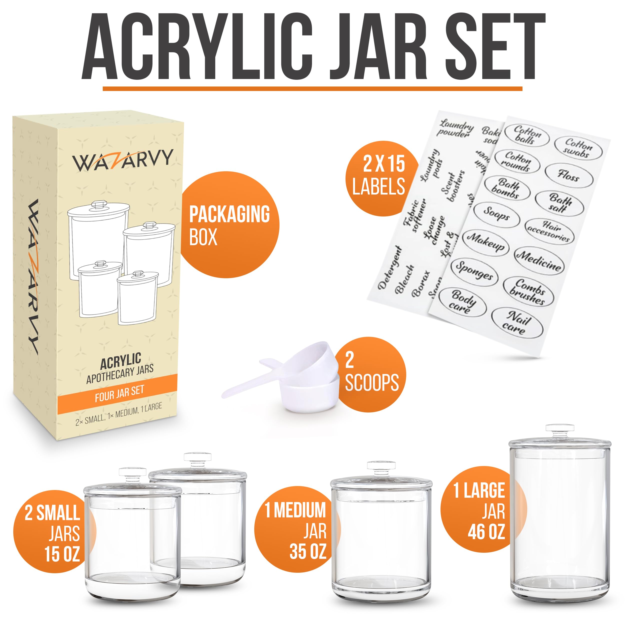 Premium Clear Acrylic Apothecary Jars with Lids for Bathroom & Laundry Room - Multipurpose Bathroom Canisters with Scoops & Labels - Laundry Containers for Pods & Dryer Sheets - Assorted 4 Pack