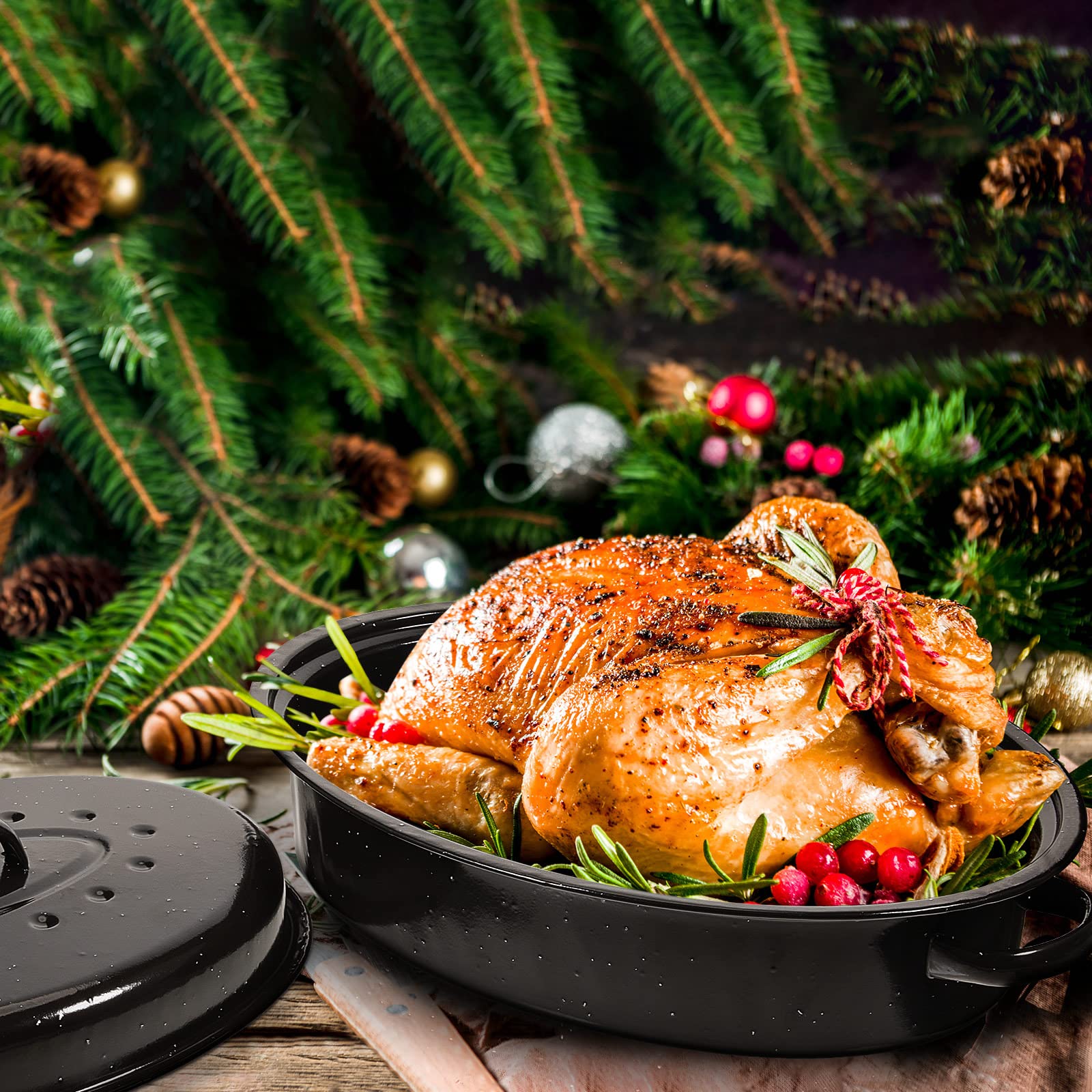 Tessco Roasting Pan 14.5 Inch Enamel Oval Turkey Roasting Pan with Lid 4.8 Quart Non Sticky Safe Spot Black Roaster Pot for Thanksgiving Gift Baking Turkey Cookware