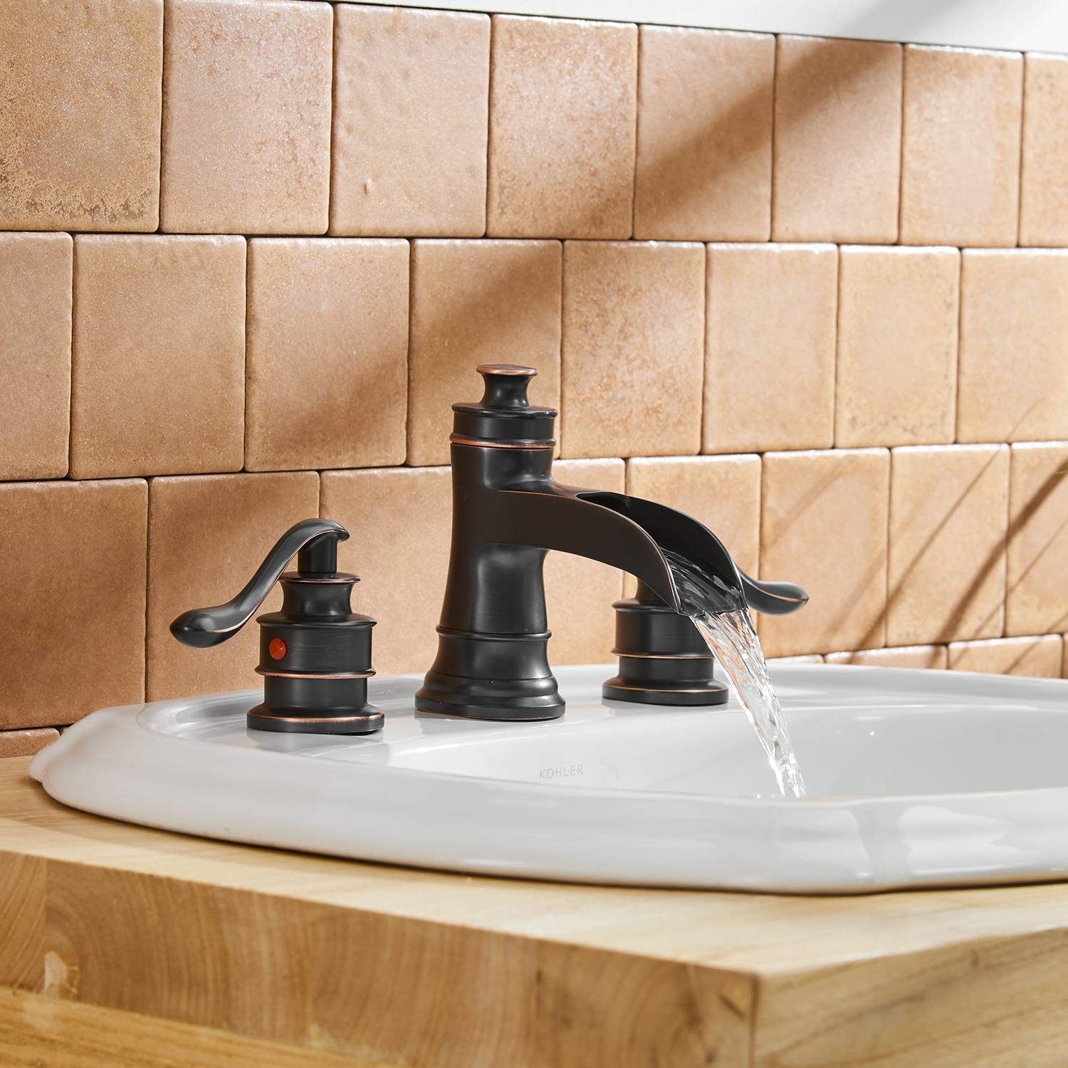 BWE 3 Hole Widespread Bathroom Faucet 8β Oil Rubbed Bronze Farmhouse Waterfall Pop Up Drain Stopper Assembly with Overflow and Supply Line Lead-Free Two Handle Bath Lavatory Sink ORB Mixer Tap