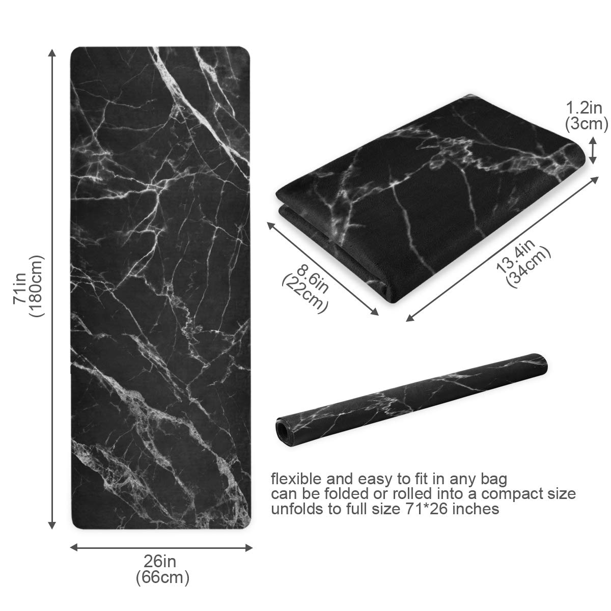 Aflyko Marble Black Yoga Mat Workout 1-mm Thick Fitness Mats for HIIT Pilates Cardio Exercises 71" × 26"