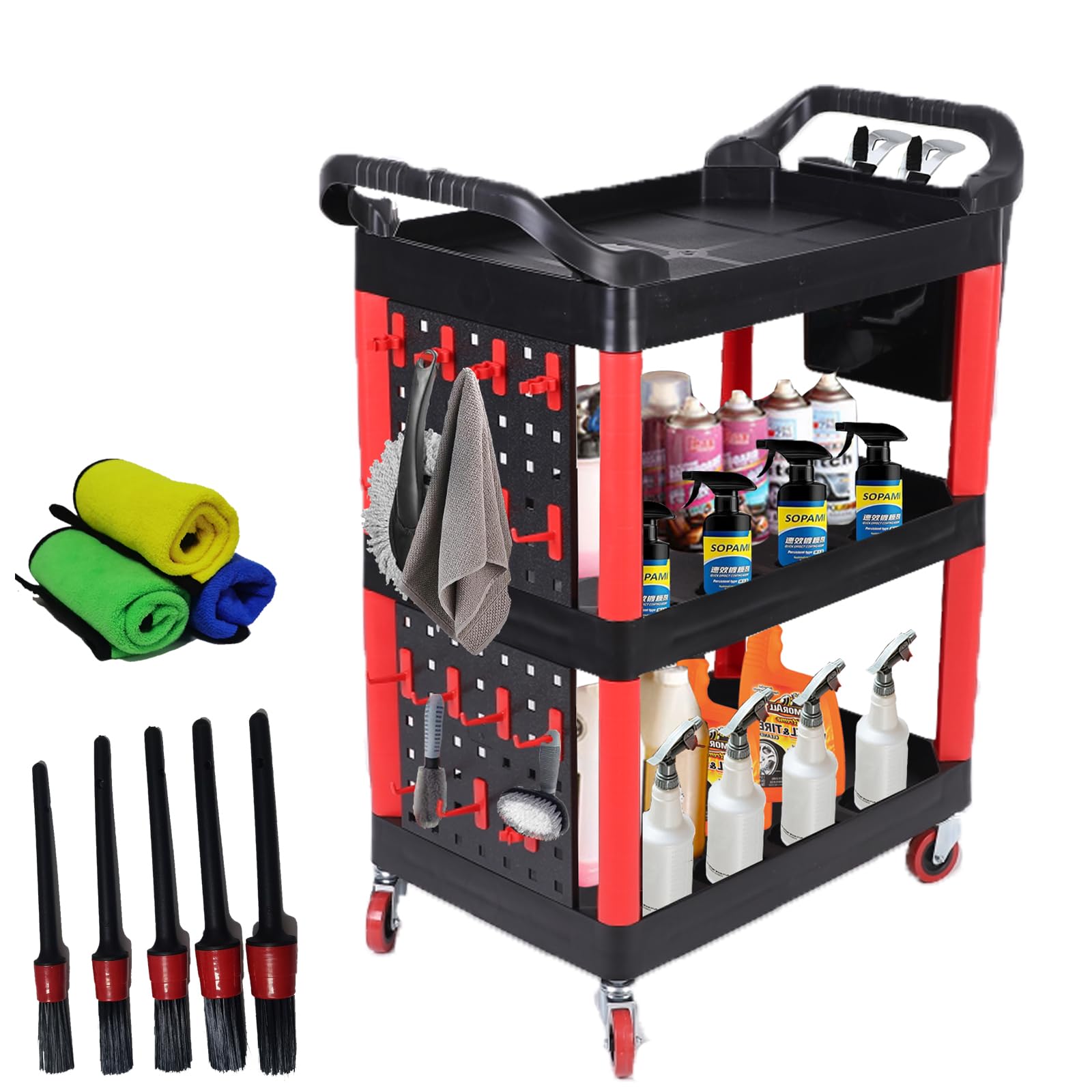 Auto Detailing Tool Cart, 3 Tier Service Rolling Utility Carts 550 lb Car Organizer Heavy Duty with Wheels Side Hanging Plate & Hooks for Car Salons Train Carriages Warehouse, Home DIY