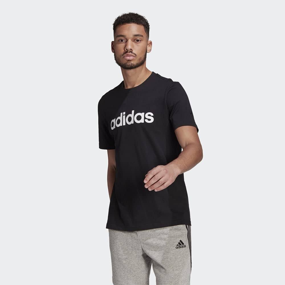 adidas Men's Essentials Embroidered Linear Logo Tee, Black, Medium