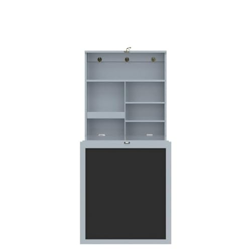 IFANNY Folding Wall Desk, Wall Mounted Fold Out Desk with Storage Shelves & Hooks, Hideaway Desk Wall Mount with Chalkboard, Floating Corner Desk for Small Spaces (Gray)