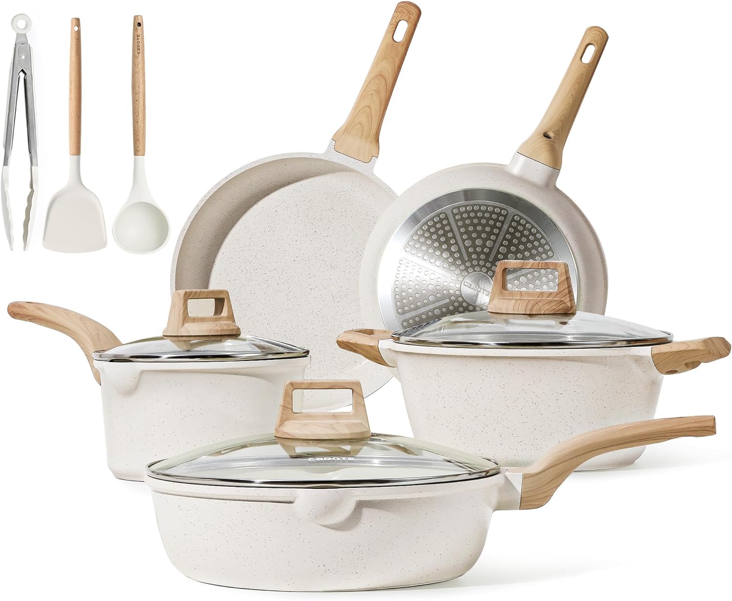 CAROTE Nonstick Pots and Pans Set, Induction Kitchen Cookware Set, 11 Pcs Cooking Pans Set w/White Granite (PFOS, PFOA Free)