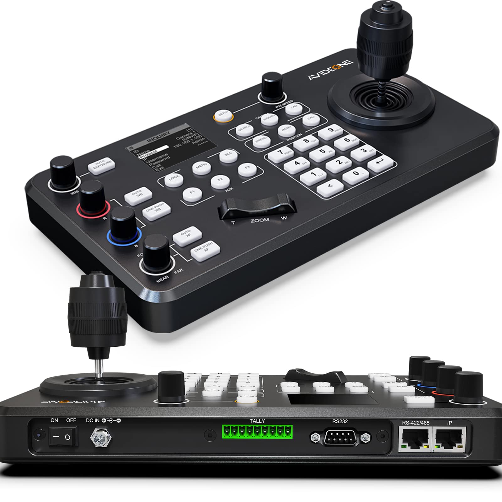 AVIDEONE PTZ Camera Controller with 4D Joystick for Church Live Streaming,Supported Onvif Visca Over IP RS422 RS485 RS232 Pelco-D/P 2.2 Inch LCD Screen