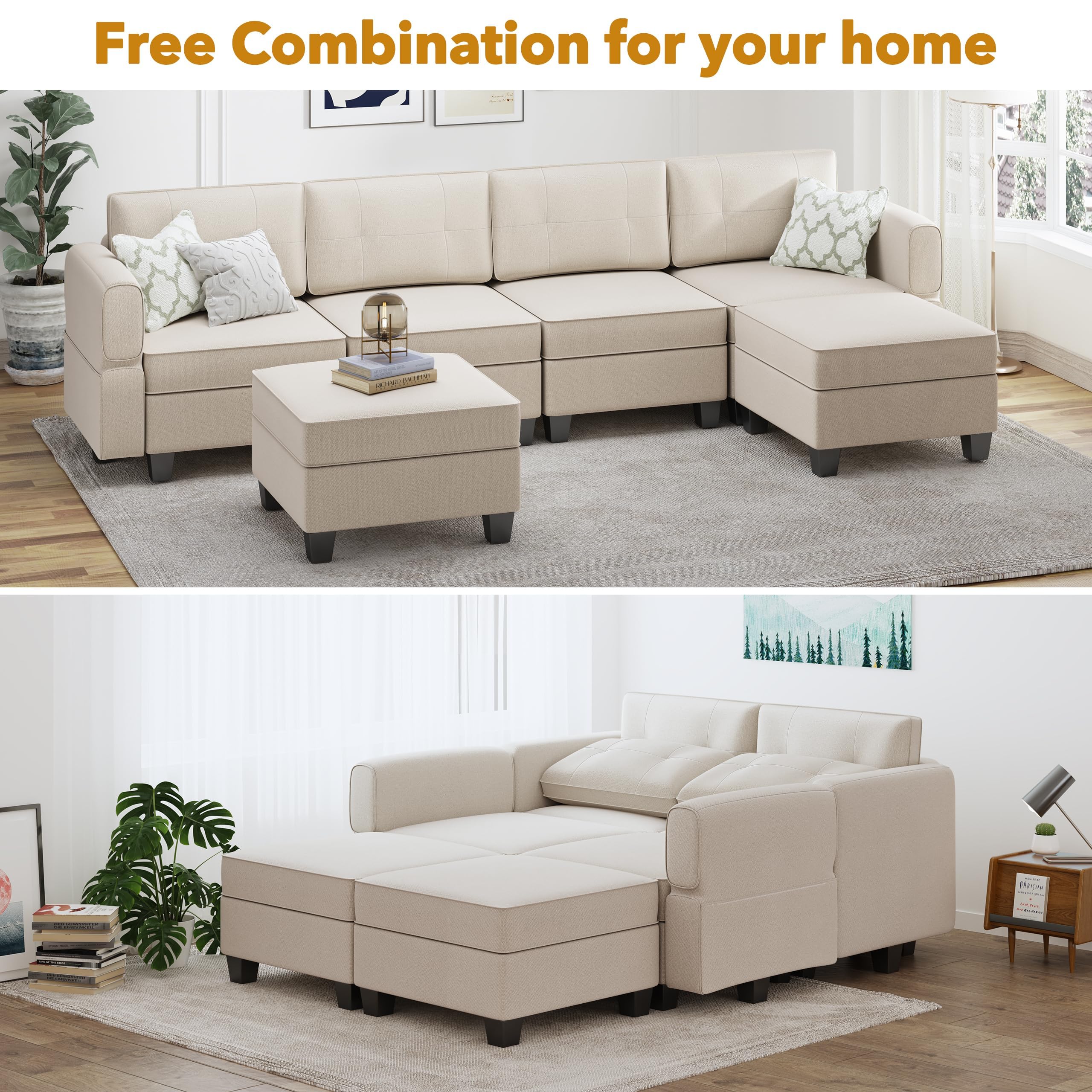 AYEASY Sofa Couch, Modular Sectional U Shaped Sofa Couch with Storage Ottoman Convertible Sectional Couches for Living Room, High Supportive 6 Seats Reversible Sectionals 113'' with Chaise, Beige