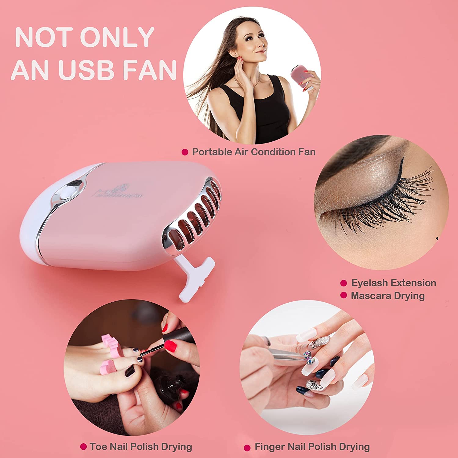 AFOUNDA USB & Mini Portable Fan + Lash Shampoo Brushes + Economy Plastic Squeeze Bottle, Rechargeable Electric Handheld Air Conditioning Cooling Refrigeration Fan For Eyelash(Pink)