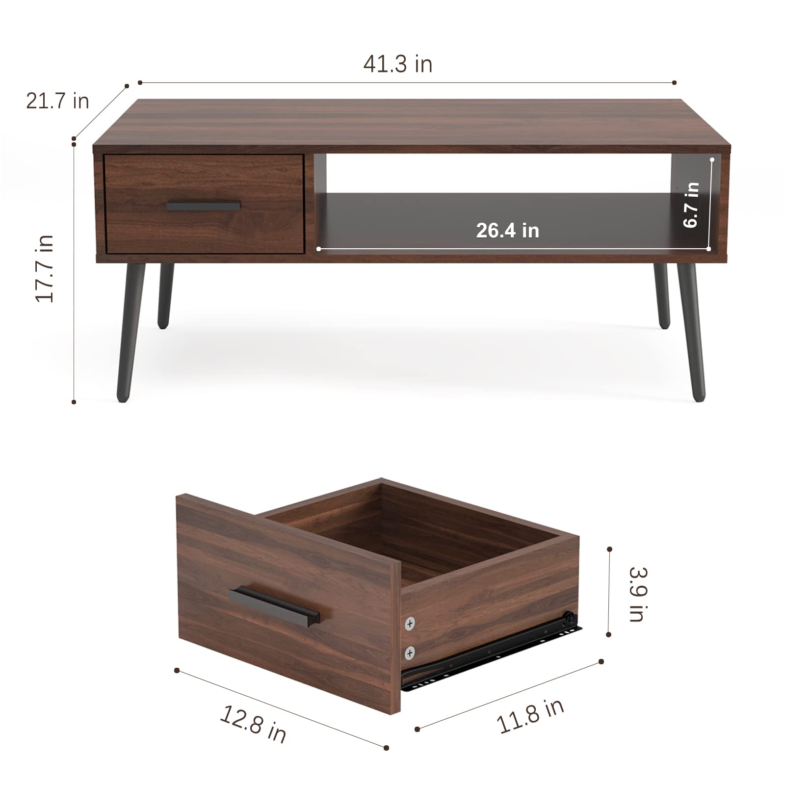 HAIOOU Coffee Table, Mid Century Modern Style Cocktail Table TV Stand with Drawer, Open Storage Shelf, Stable Floor-Anti-Scratching Pine Leg for Home, Office, Living Room