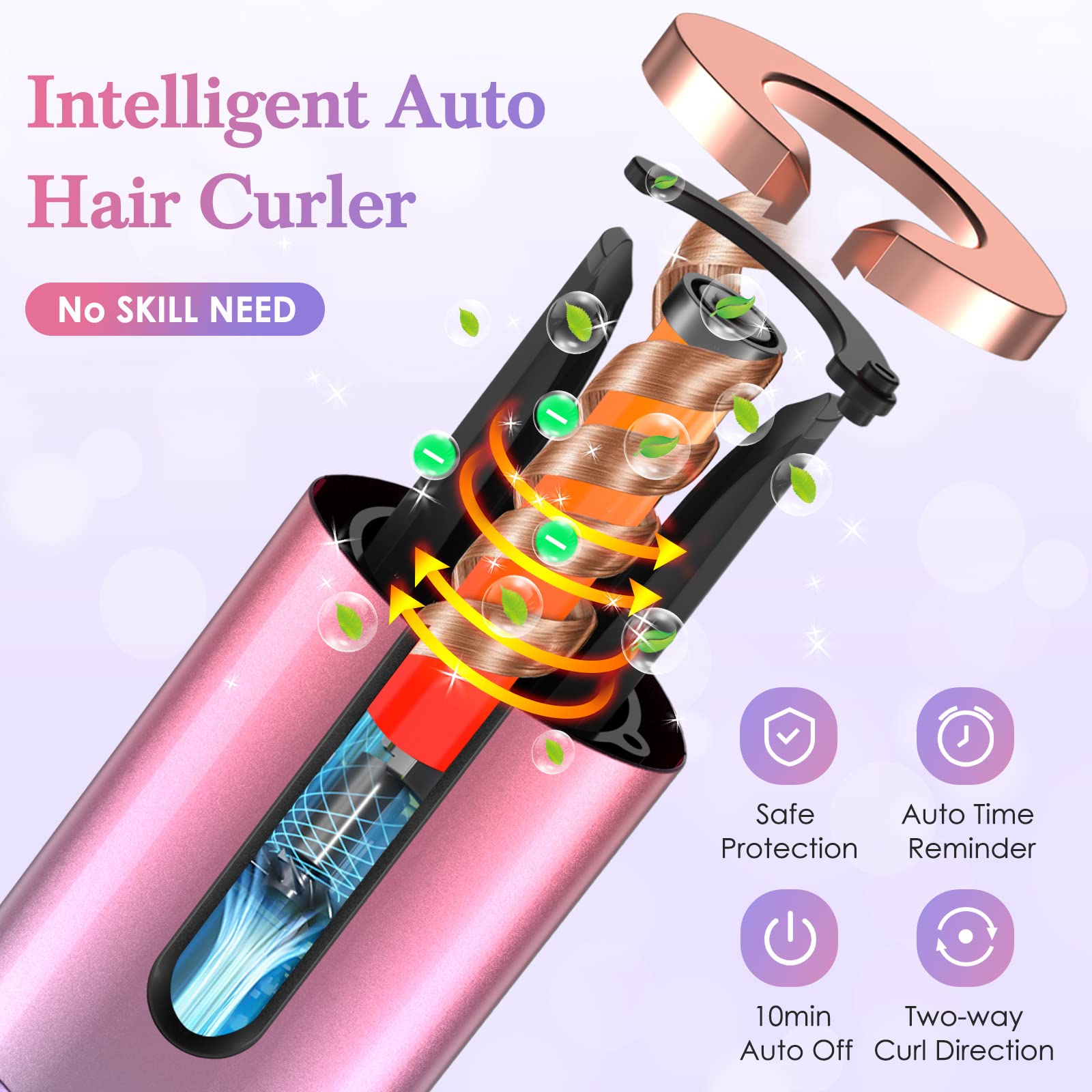 Automatic Curling Iron, Cordless Automatic Hair Curler with 6 Temps & Timers, Rechargeable Hair Curler with Ceramic Ionic Barrel, Detangle & Scald-Free Curler, Auto Shut-Off