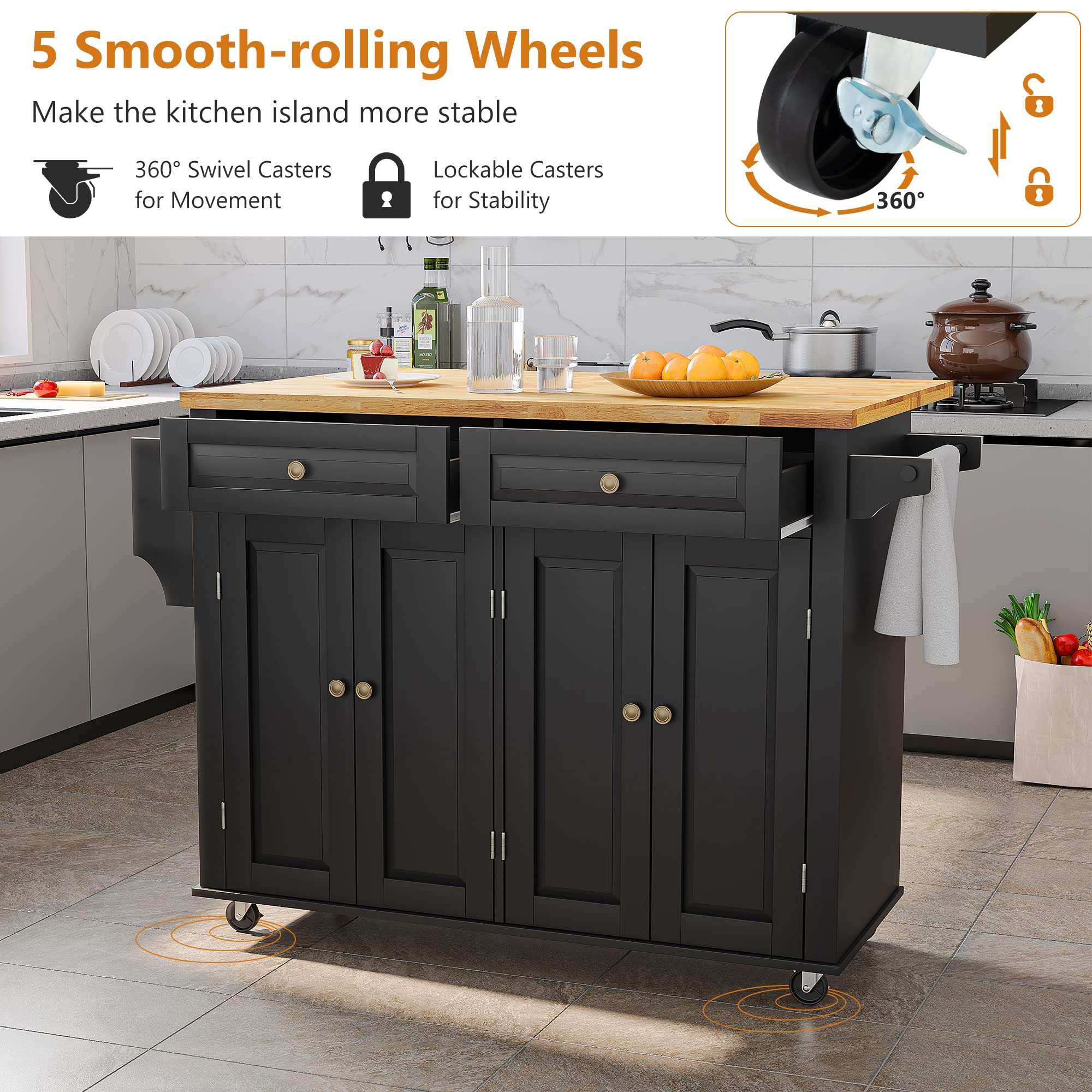 Squireewo Kitchen Cart with Wood Top and Drop Leaf Breakfast Bar, Rolling Mobile Kitchen Island Table on Wheels with Drawer and Storage Cabinet, Spice Rack, Towel Rack, Black
