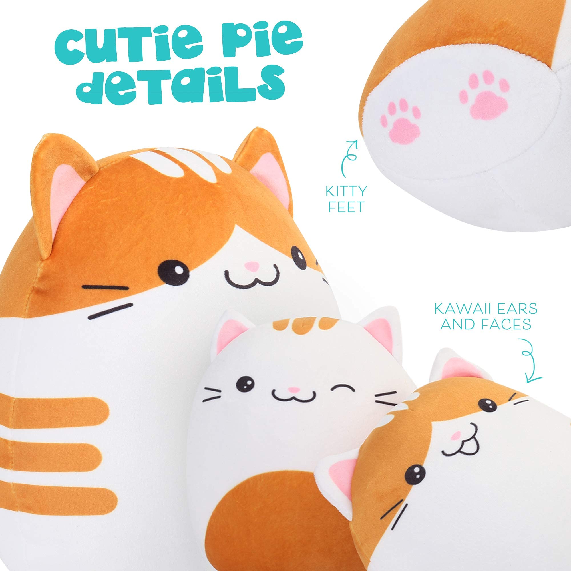 BenBen Cat Plush Toy, Set of 3, 12'' and 7'' Squishy Kitty Stuffed Animal Toy Hugging Pillow, Soft Cushion Plushies Gift for Kids, Easter Basket Stuffers