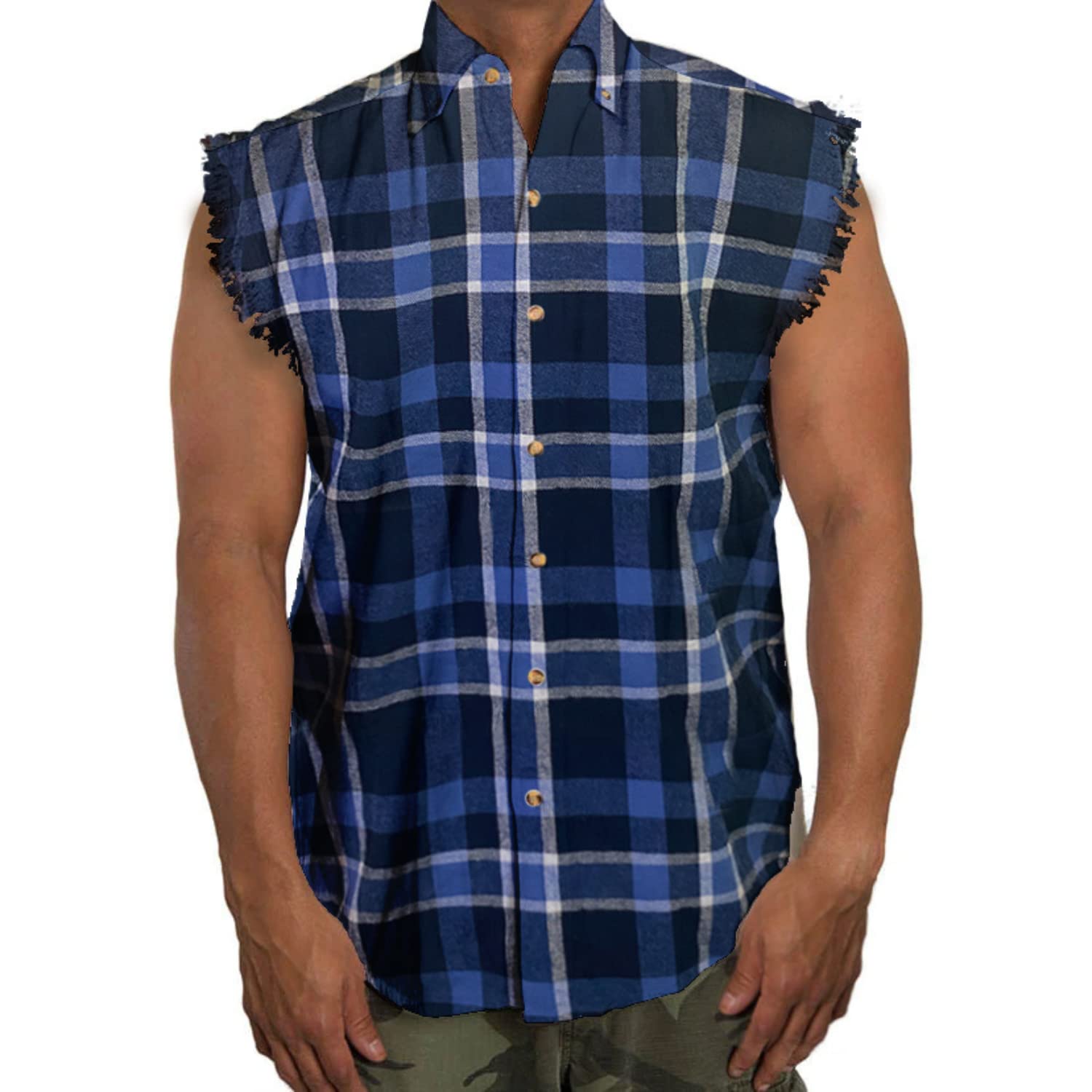Aligro - Blue Sleeveless Flannel Plaid Shirts for Men Casual Button Down Cowboy Vest Shirts (Size S)