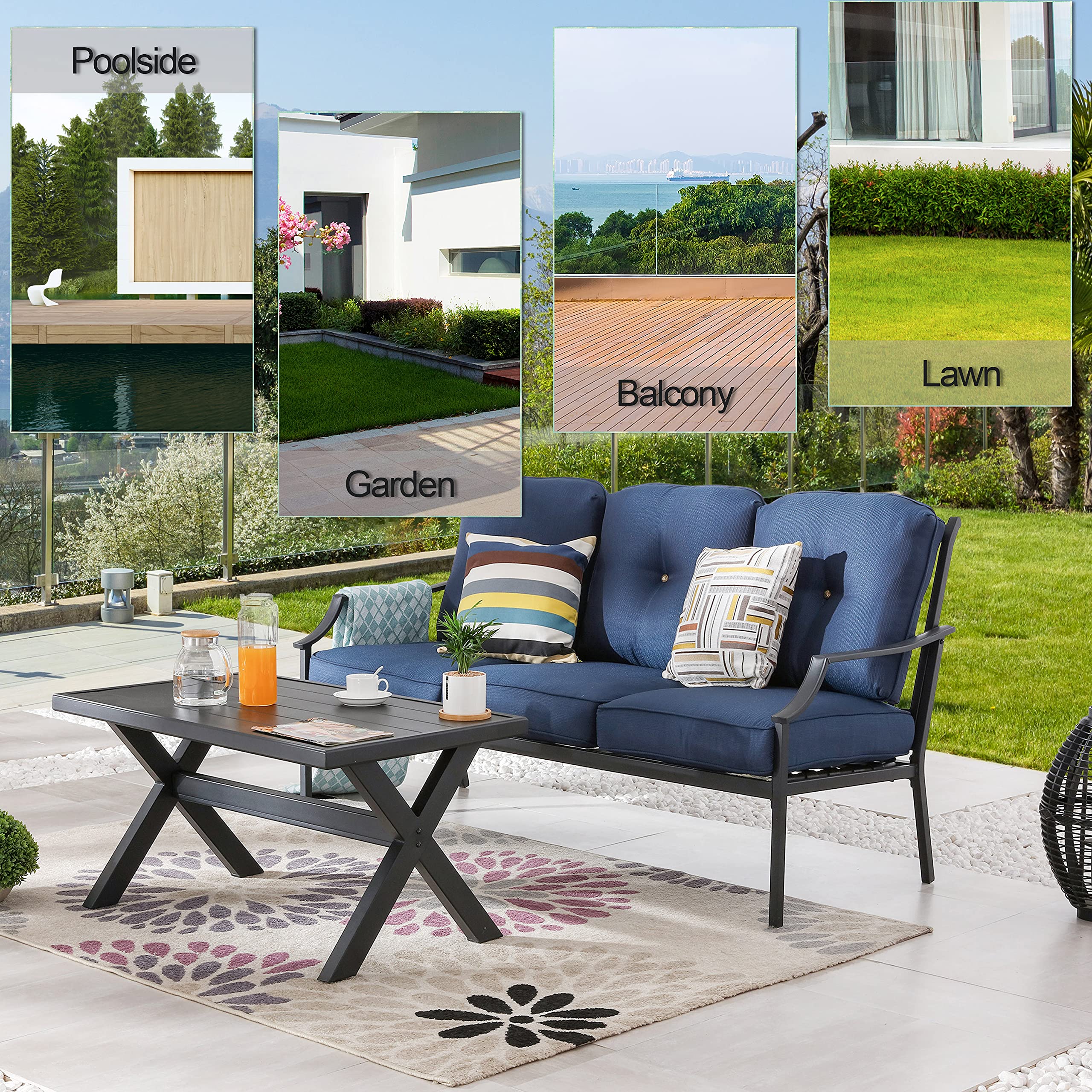 LOKATSE HOME Outdoor Patio Cushioned Loveseat 3 Seats Sofa Bench with Metal Coffee Table, Blue