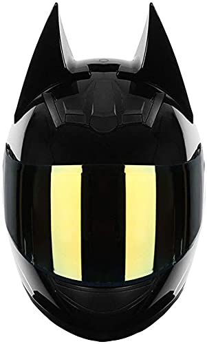 WANGFENG Black Full Face Motorcycle Street Helmet Woman Cat Helmet with Ears, ATV Crash Scooter Flip Up Modular Helmets Bluetooth Headset Bat Ear Helmet for Kids Boys Men DOT Certified, 54-62cm