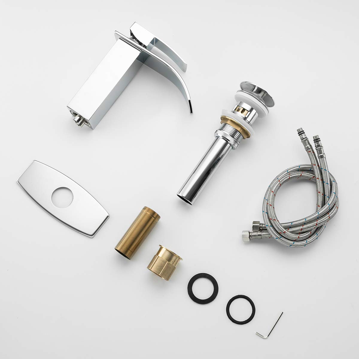 Brass Waterfall Bathroom Faucet Single Handle Bath Vanity Sink Faucet Chrome Commercial Basin Mixer Faucet with Pop Up Drain Stopper Overflow Supply and Deck Mounted (Chrome)