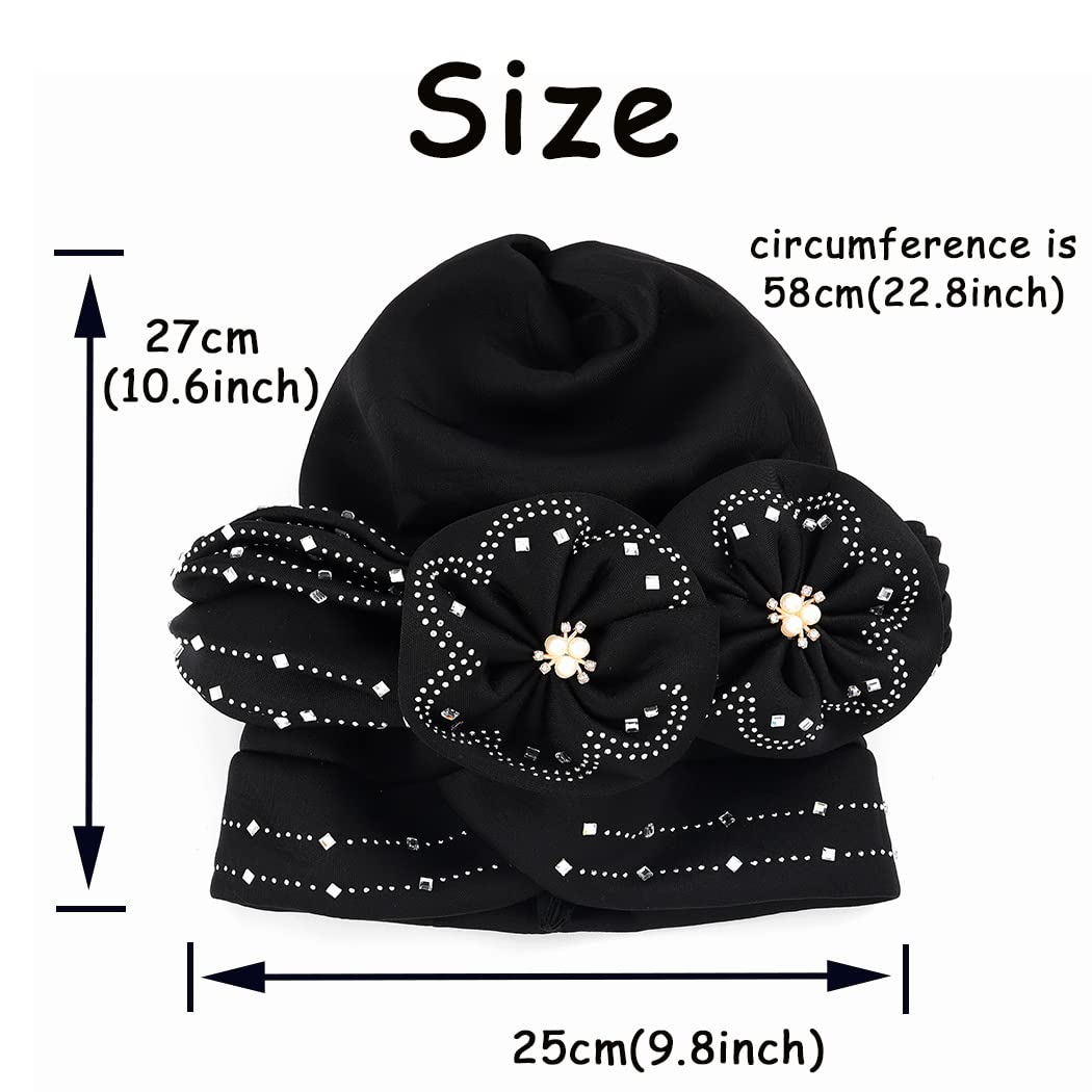 African Flower Turban Black Pre-Tied Headwrap Crystal Bonnet Beanie Cap Headbands for Women