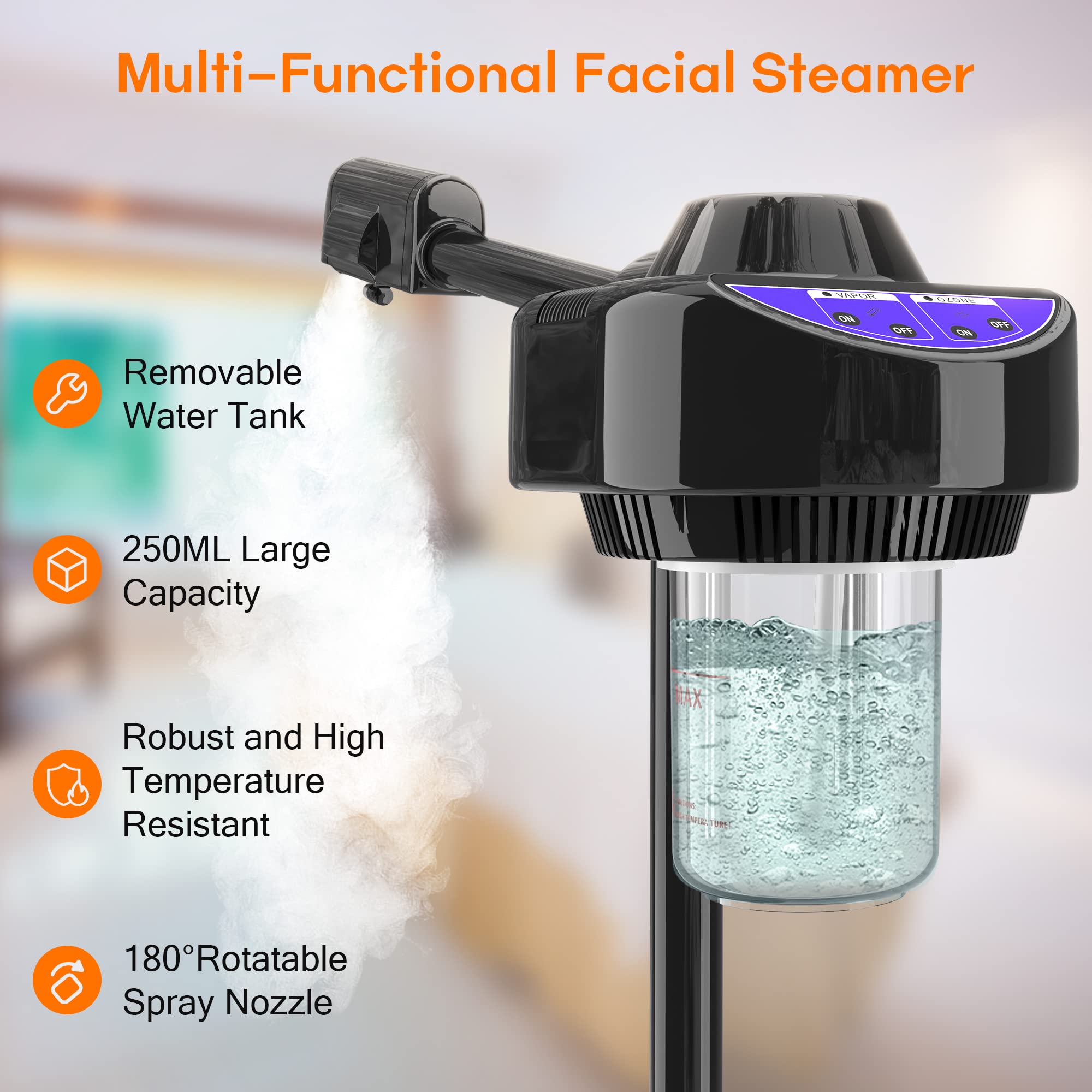 KINGSTEAM Professional Facial Steamer, 2 in 1 Ozone Facial Steamer on Wheels with 3X Magnifying Lamp, Time Preset Function Design for Face Sauna Spa and Personal Care Use at Home (JY-08A Black)