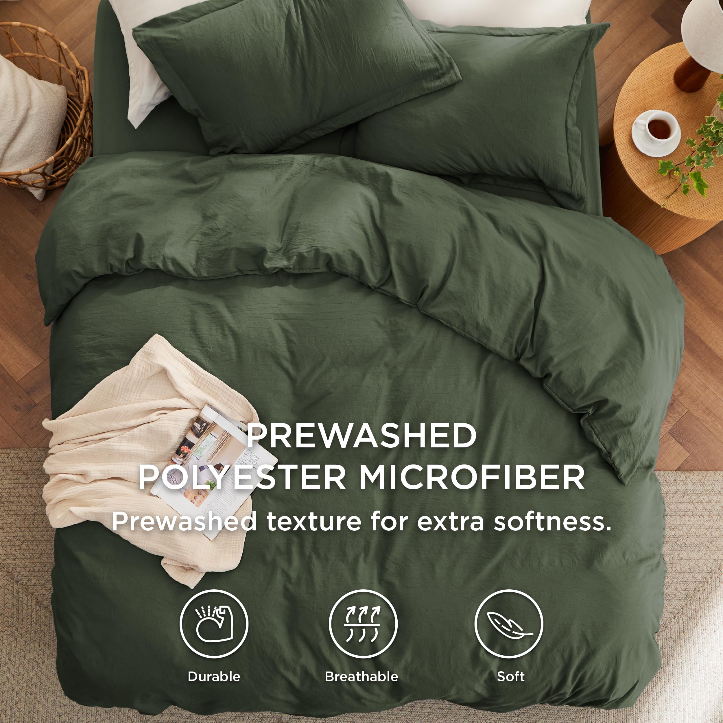 Bedsure Duvet Cover Queen Size with Fitted Sheet - Soft Prewashed Queen Duvet Cover Set, 4 Pieces, Includes 1 Duvet Cover 90x90 Inches with Zipper Closure, 2 Pillow Shams, 1 Fitted Sheet, Olive Green