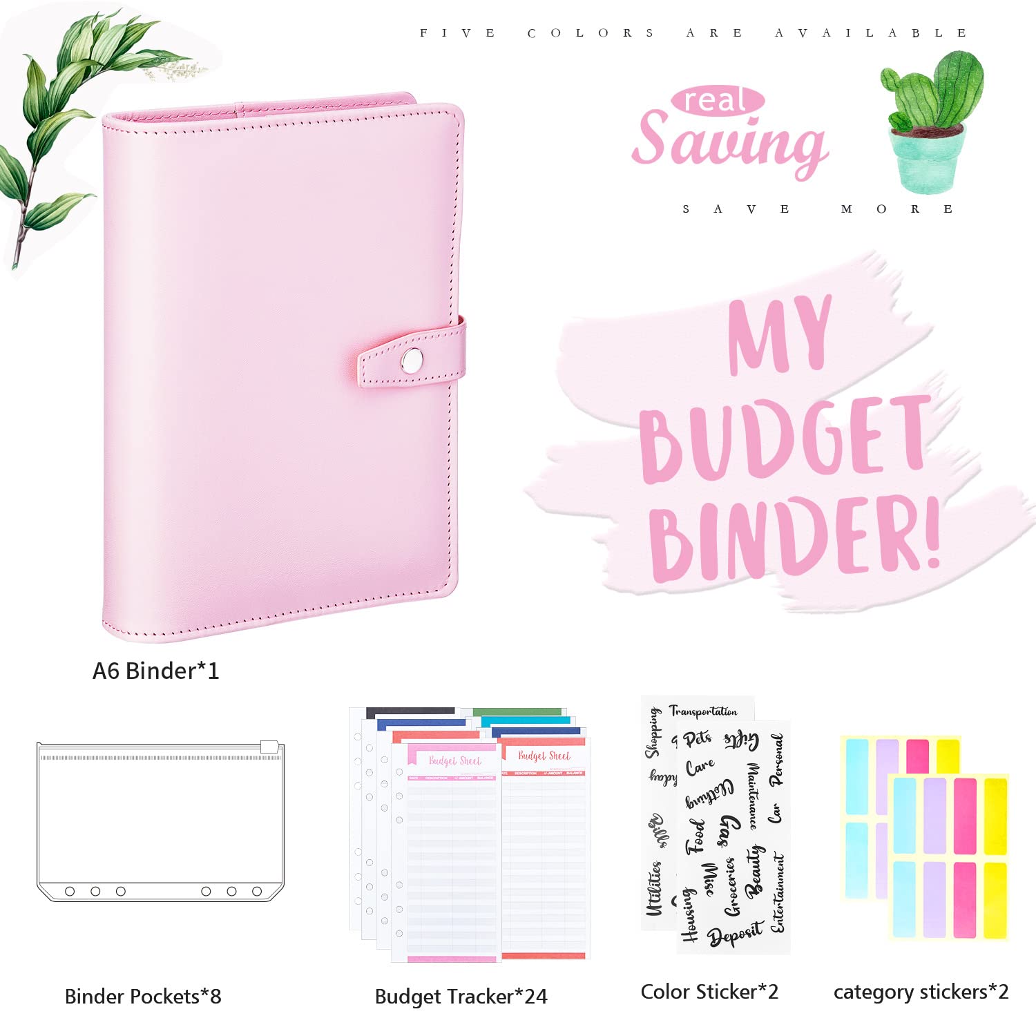 A6 Binder,Cash Envelopes for Budgeting,37 Pcs Budget Binder with Cash Envelopes, Money Saving Binder, Refillable Loose-Leaf Budget Wallet Planner Money Organizer for Cash Receipt Coupon, Pink