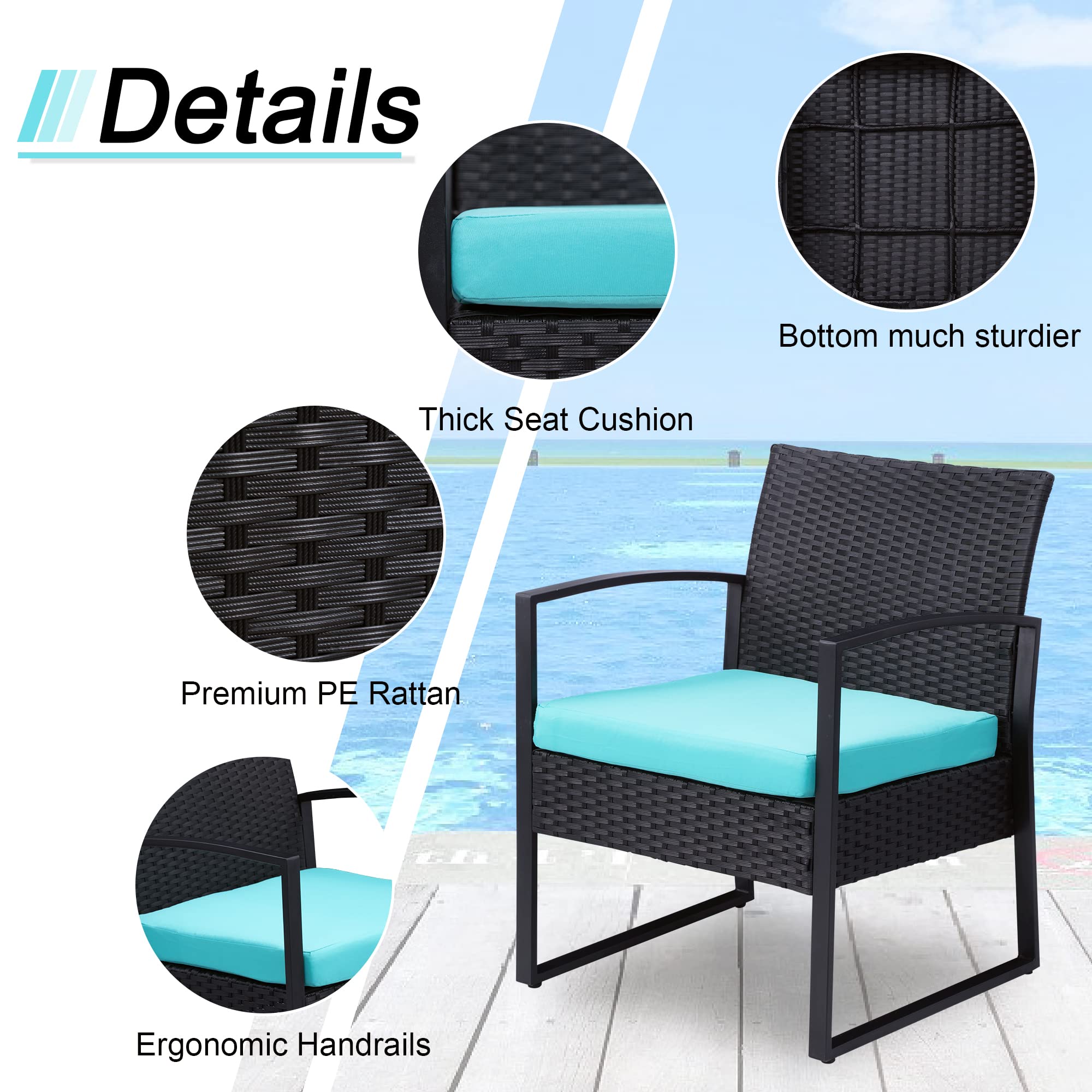 Skyfish 3 Pieces Patio Furniture Set Outdoor Wicker Patio Bistro Set Conversation Rattan Chair Set 3 PCS with Coffee Table for Yard & Bistro (Blue)