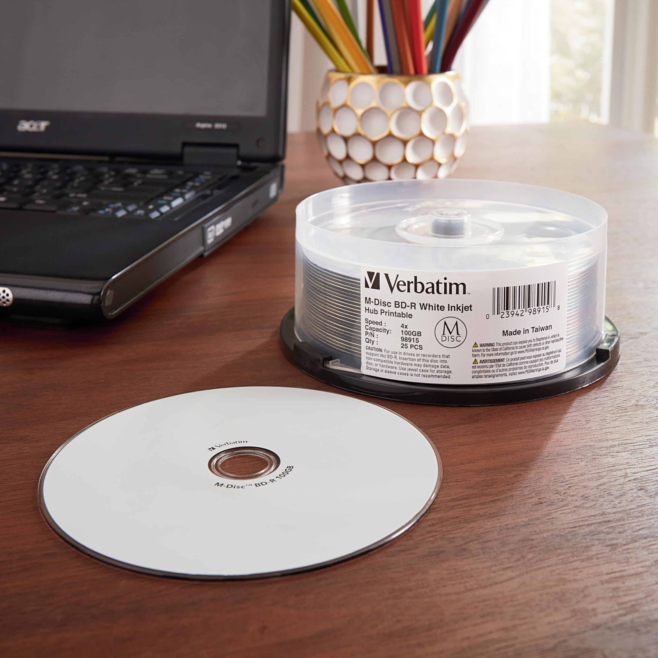 Verbatim M DISC BD-R 100GB 4X White Inkjet Hub Printable Blank Blu-Ray Recordable Media – 25pk Spindle