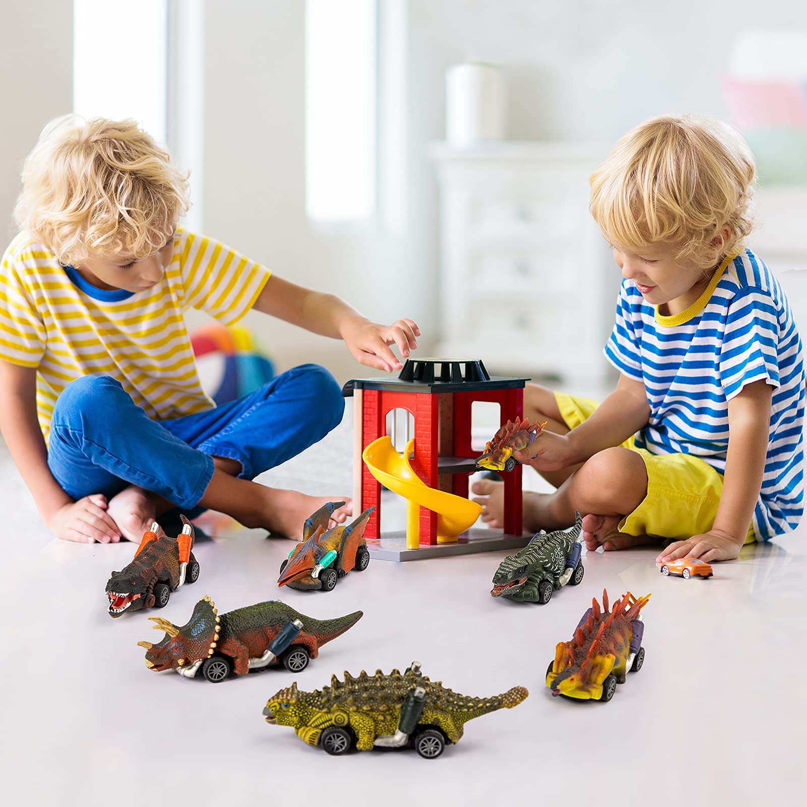 Kizmyee Dinosaur Toy Pull Back Cars, 6 Pack Dino Toys for 6 Year Old Boys and Toddlers, Boy Toys Age 6 and Up, Pull Back Toy Cars