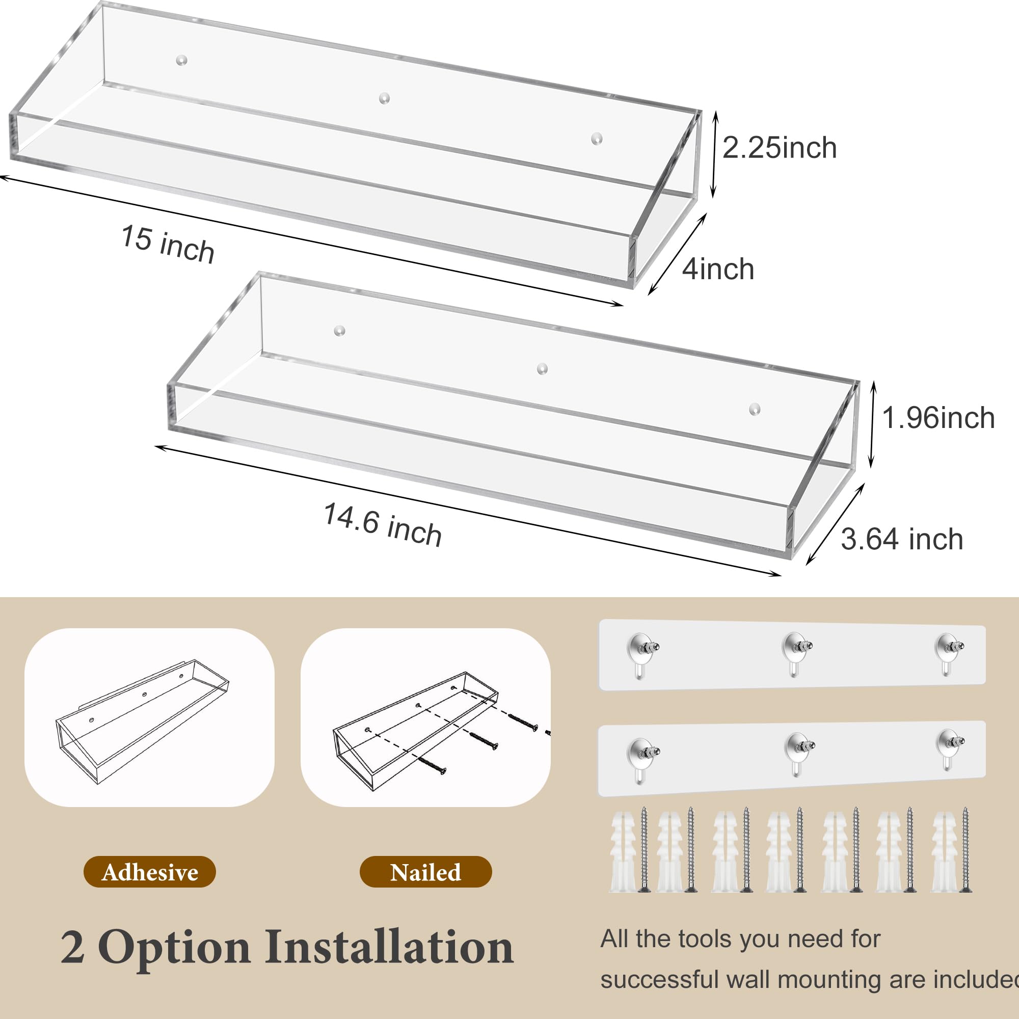 BLBYHO 2 Pack Acrylic Bathroom Shower Shelves Shower Caddy, 15" Clear Shower Organizer Floating Shelves Stick on for Bathroom Wall Mounted, Provide Adhesive Strips & Mounting Screws